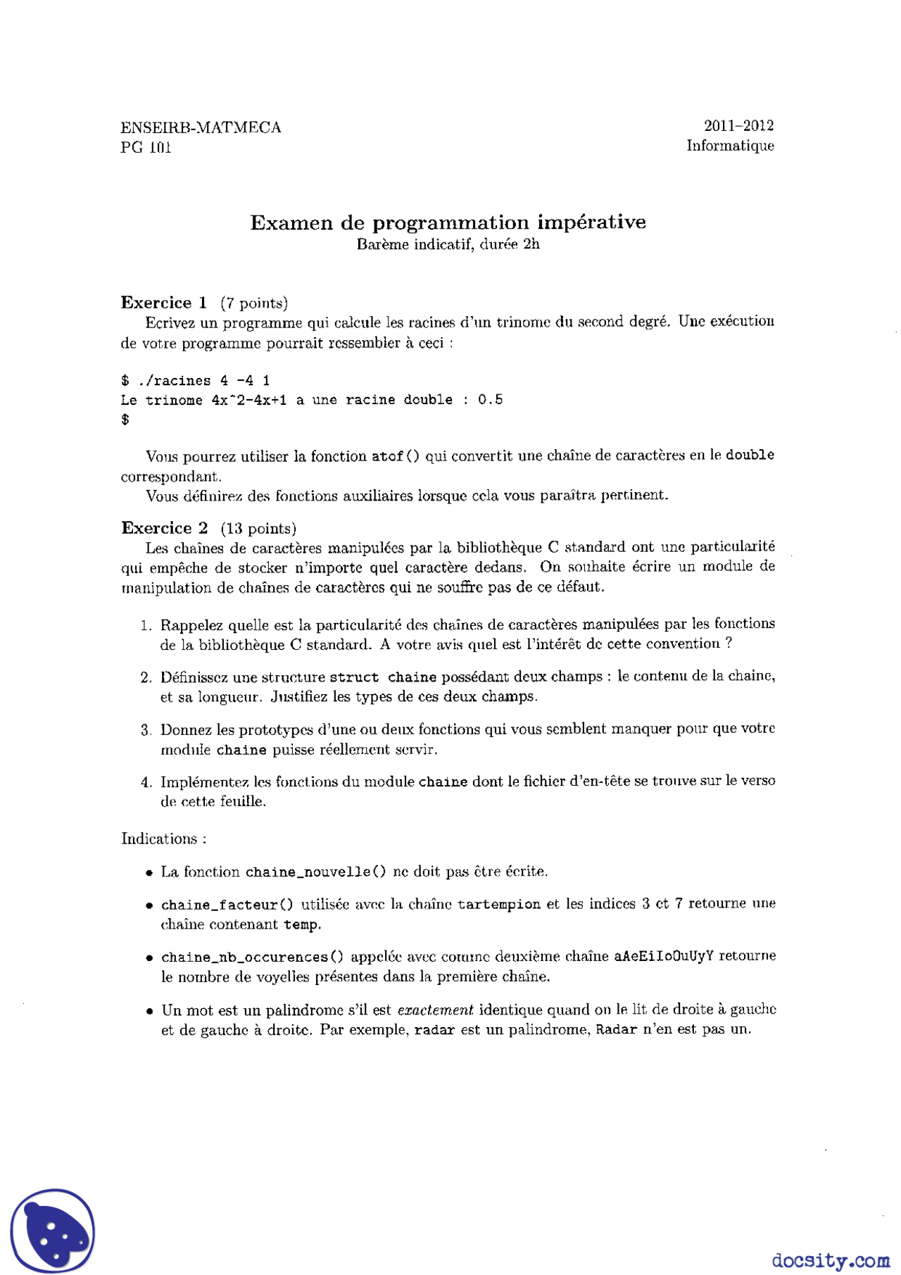 Exercices Sur Le Thème De La Programmation Impérative Examen 3 Docsity