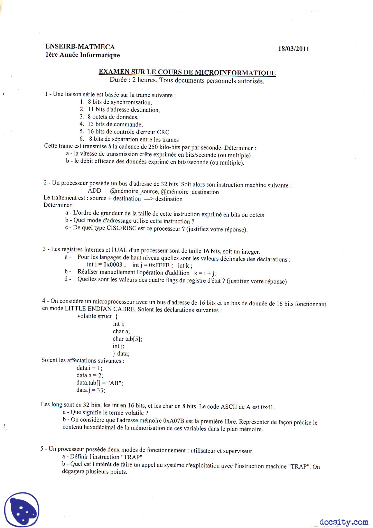 Exercices de micro-informatique - examen 10 - Docsity