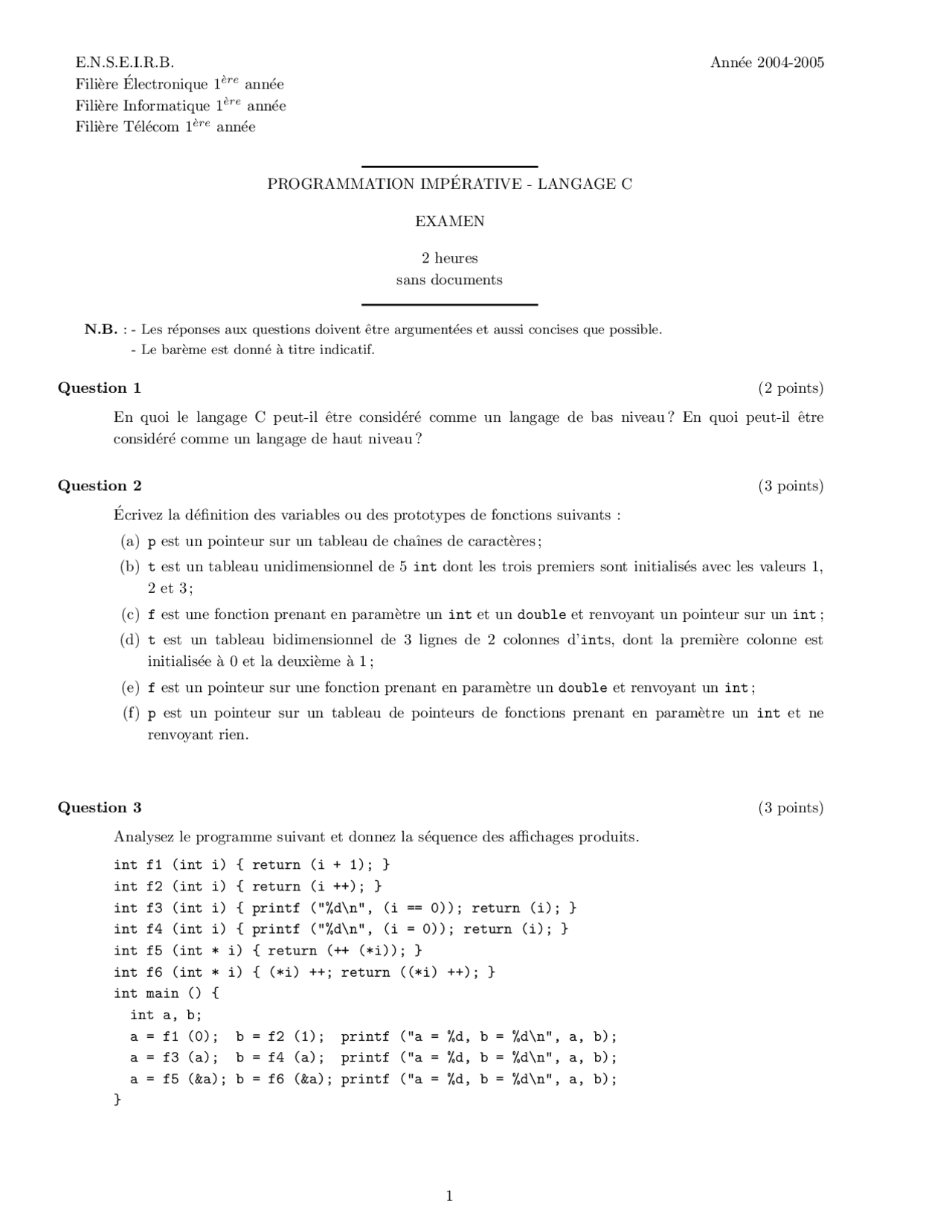 Exercices Sur La Programmation Impérative Langage C 2 Docsity