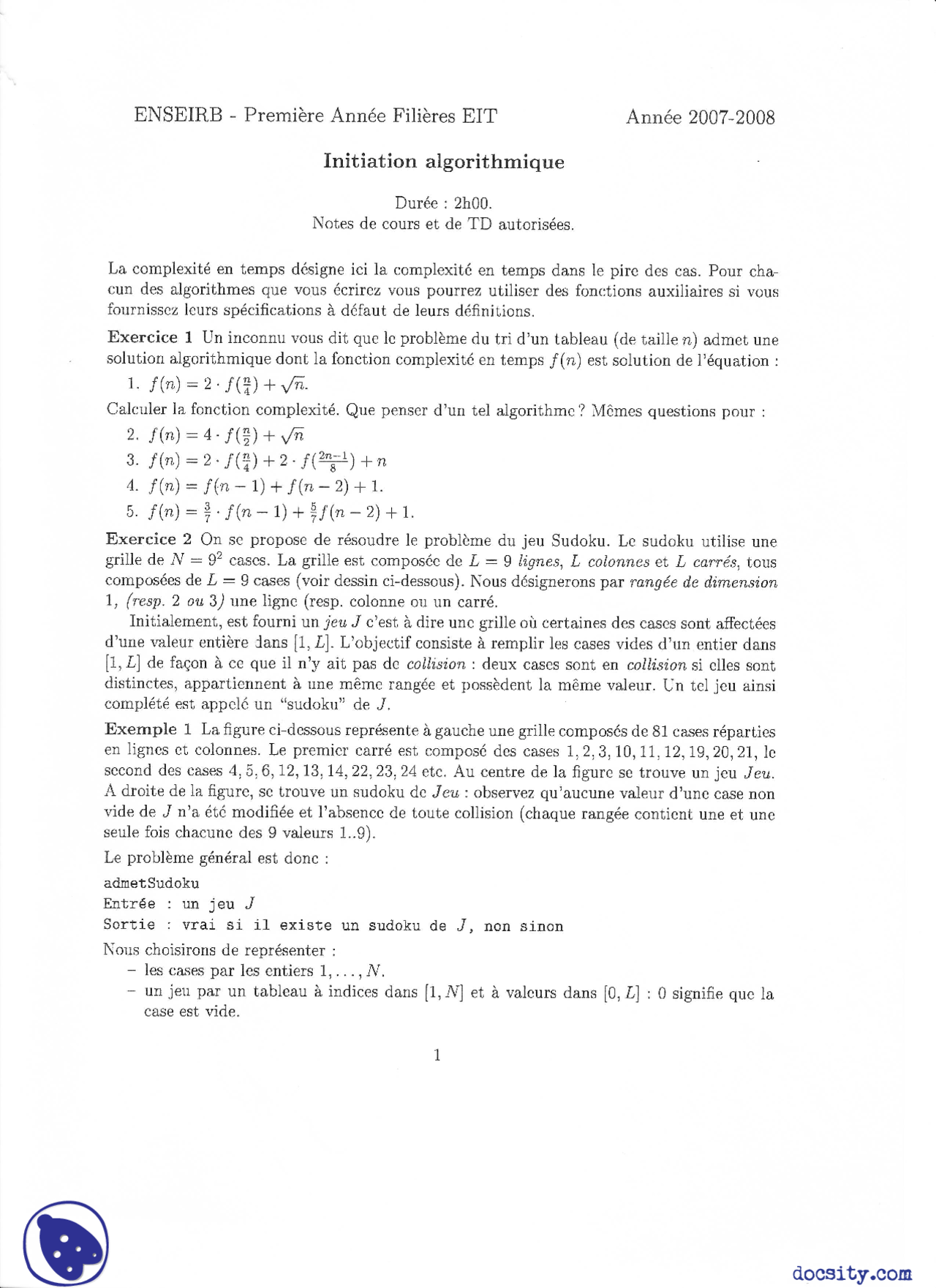 Exercices sur l'initiation algorithmique - 2 - Docsity
