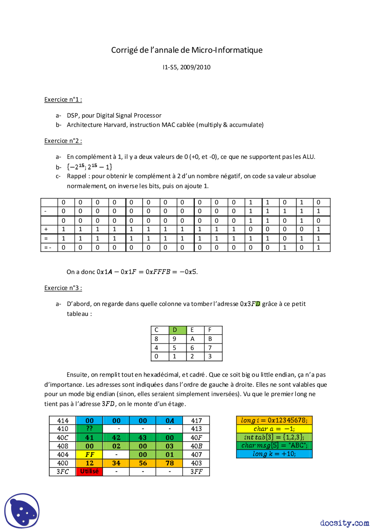 Exercices De Micro Informatique Exercices Informatique Docsity