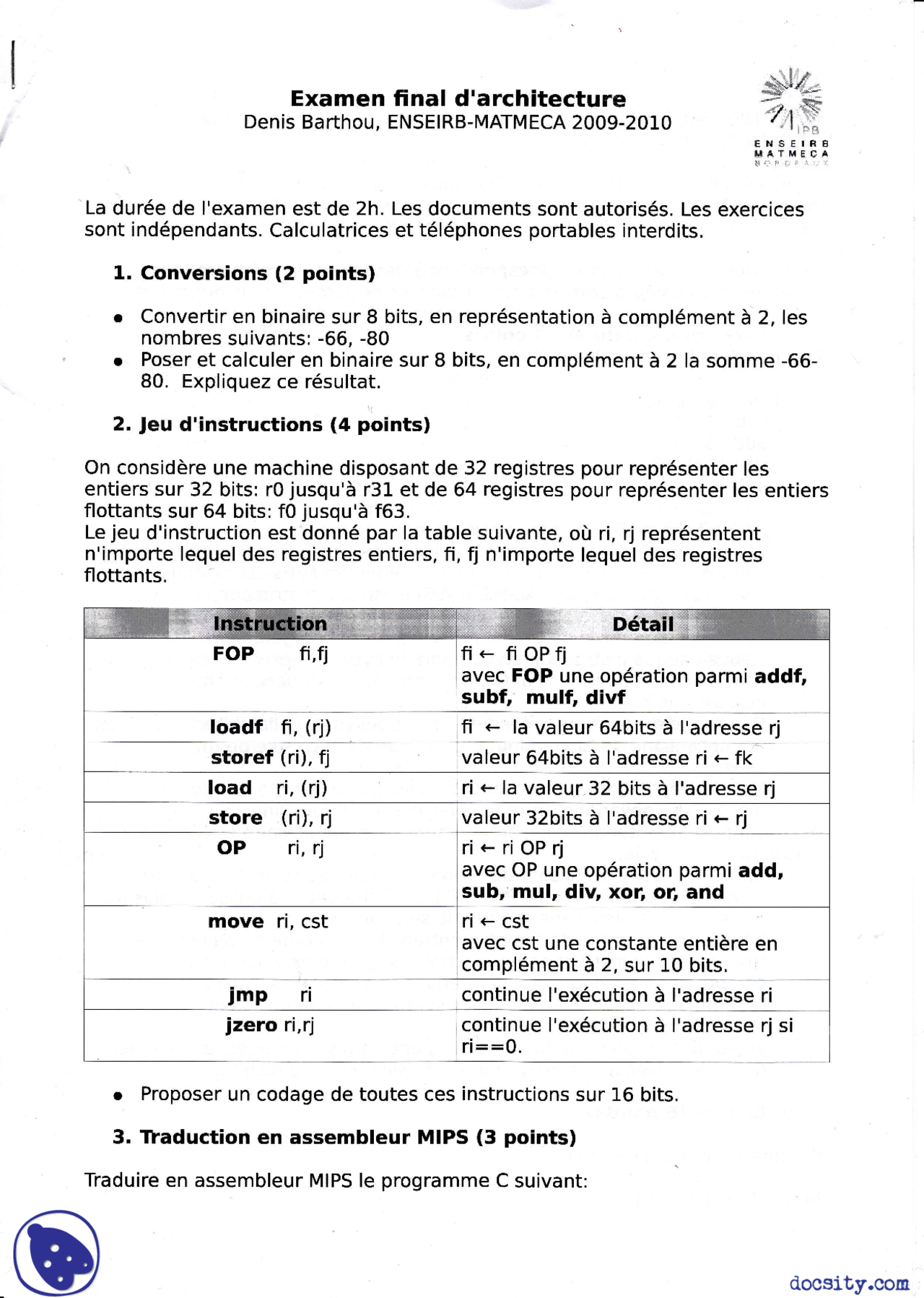 Exercices Sur Larchitecture Des Ordinateurs Examen Docsity