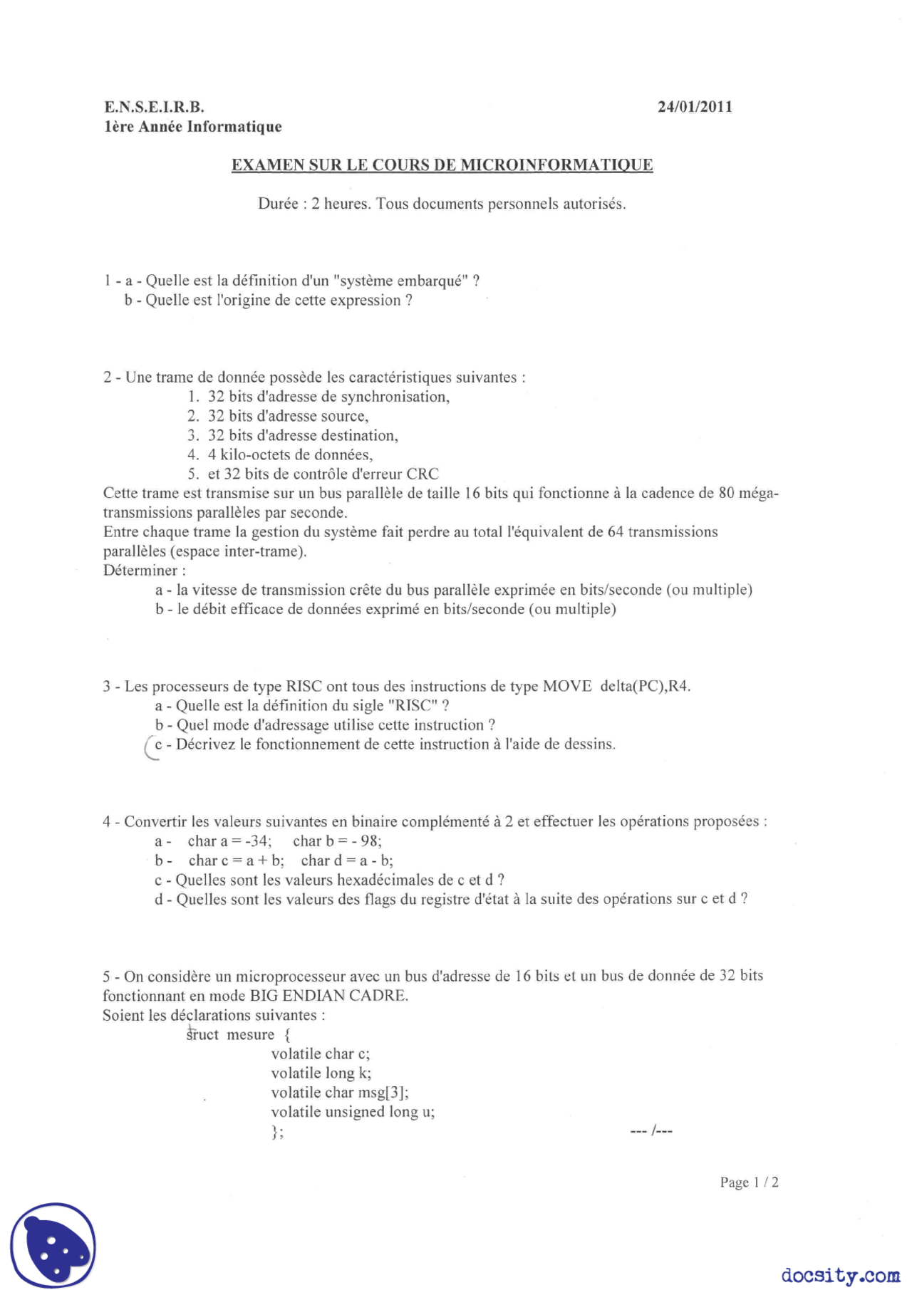 Exercices De Micro Informatique Examen 7 Docsity