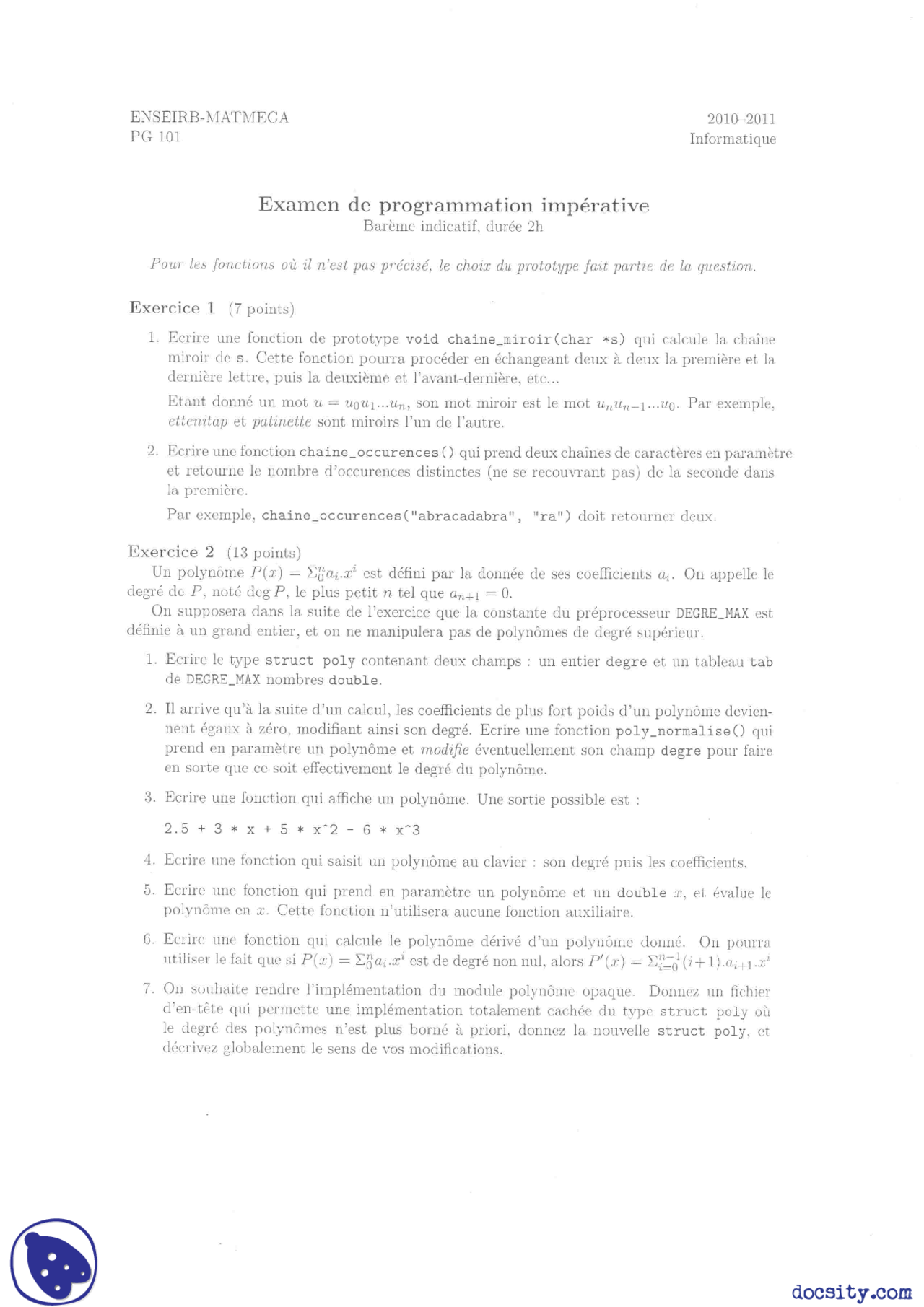 Exercices sur le thème de la programmation impérative - examen 2 - Docsity