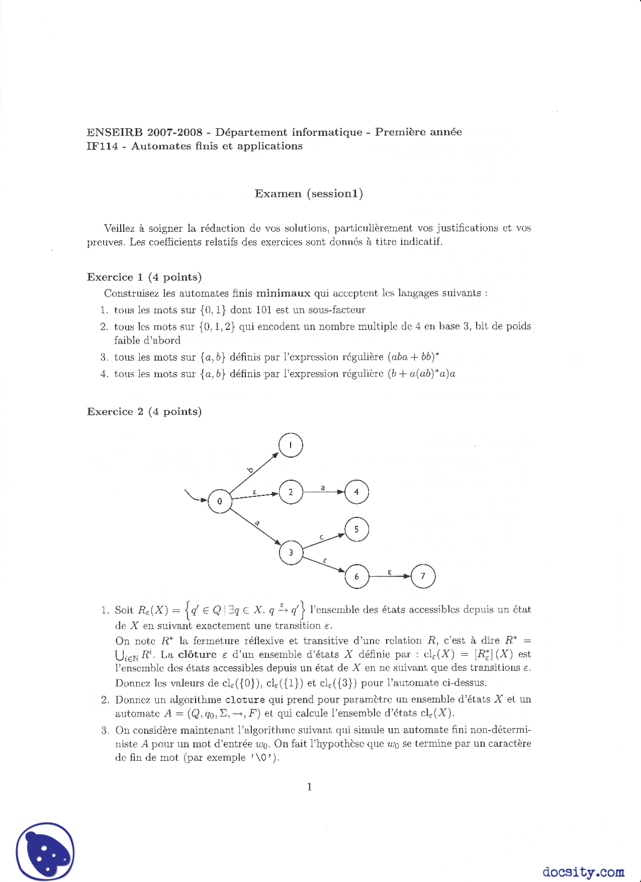 Exercices sur les automates finis et les applications - 2 - Docsity