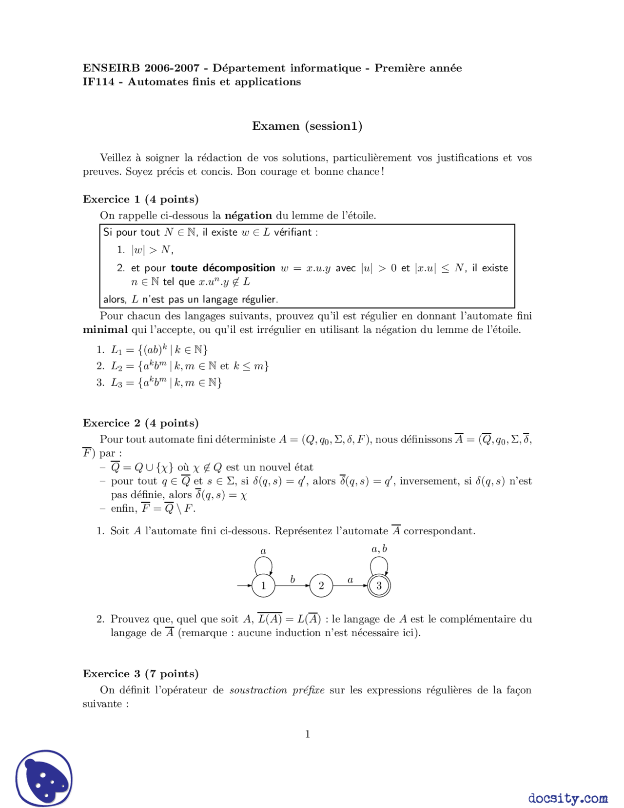 Exercices sur les automates finis et les applications | Exercices ...