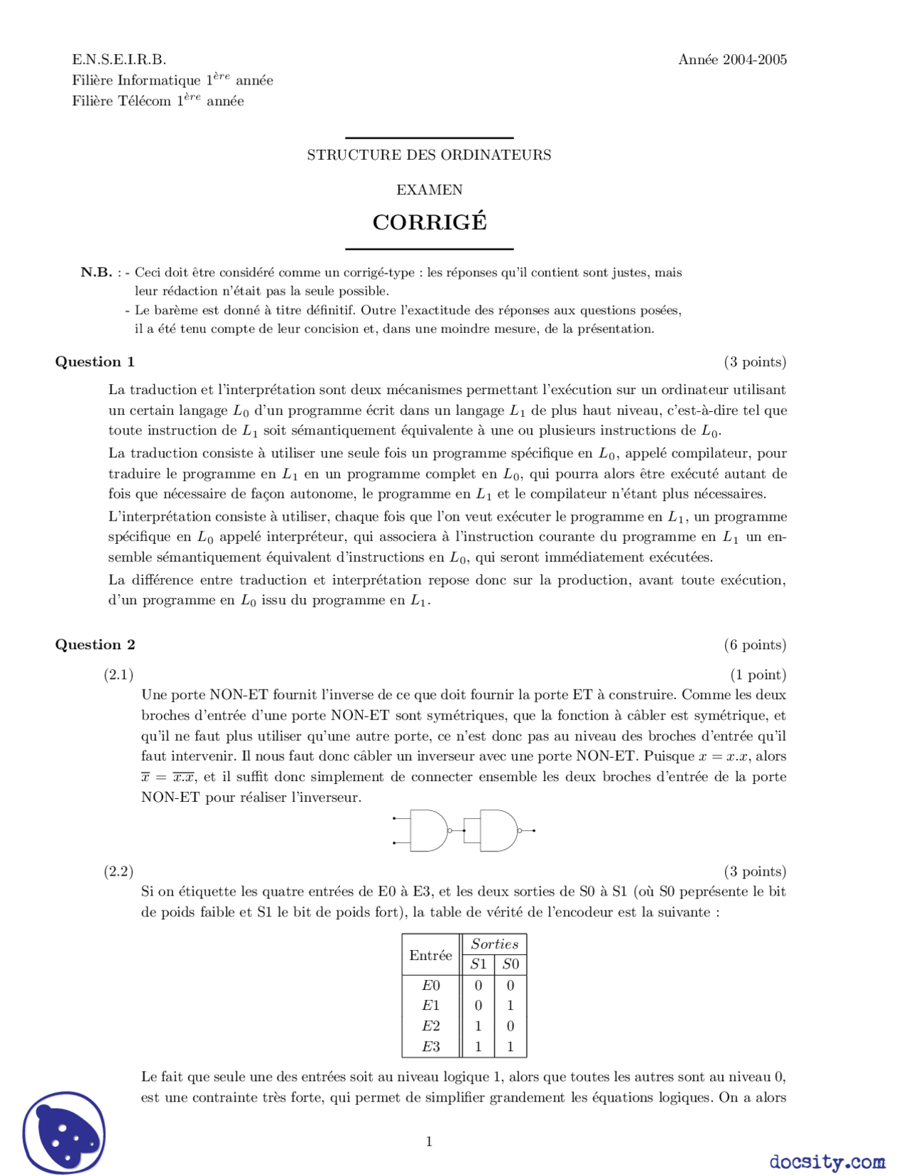 Exercices Sur La Structure Des Ordinateurs Docsity