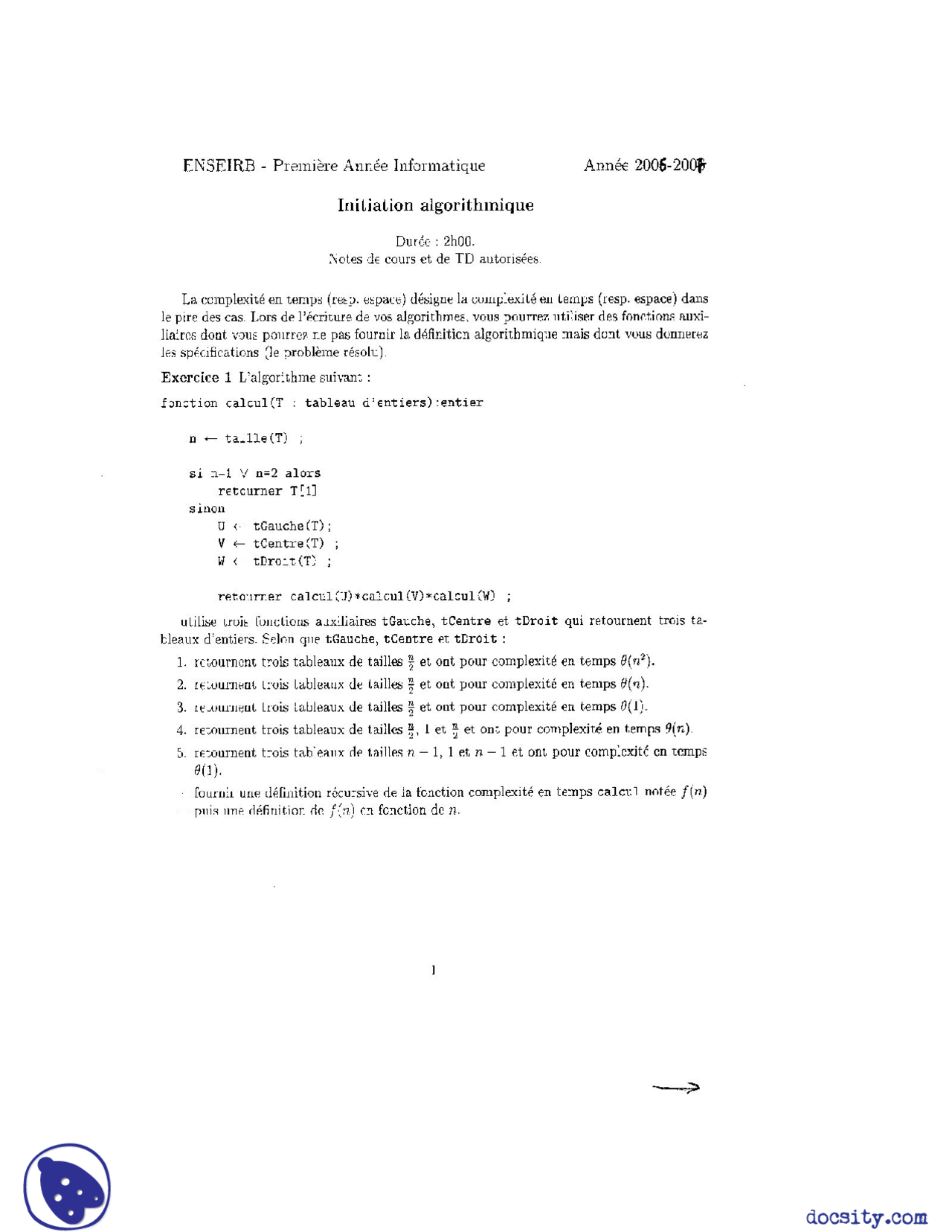 Exercices sur l'initiation algorithmique - Docsity