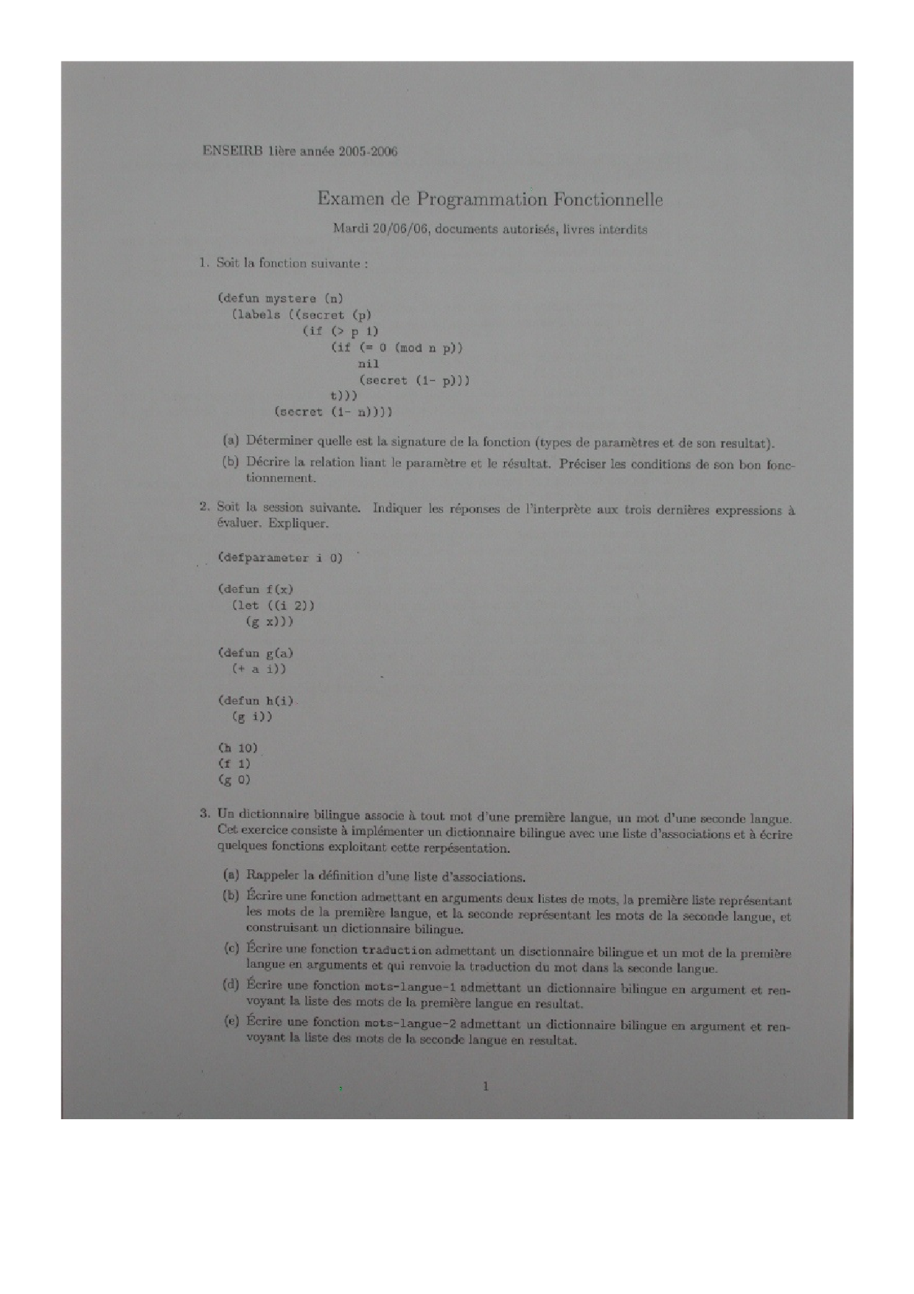 Exercices sur la programmation fonctionnelle - examen - Docsity