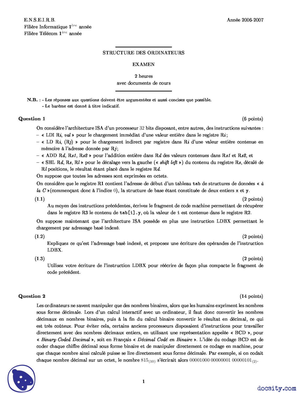 Exercices Sur La Structure Des Ordinateurs Examen 3 Docsity