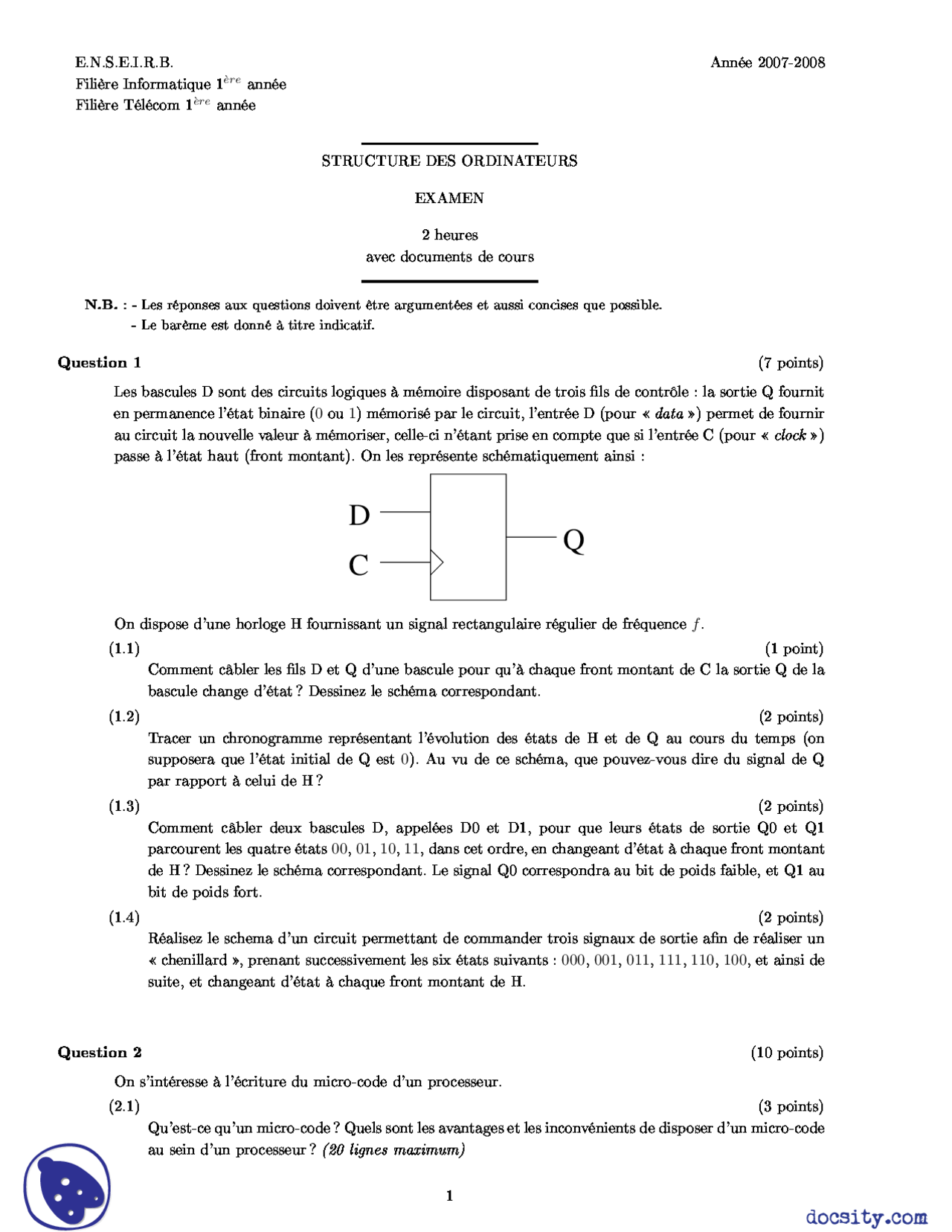 Exercices Sur La Structure Des Ordinateurs Examen 4 Docsity