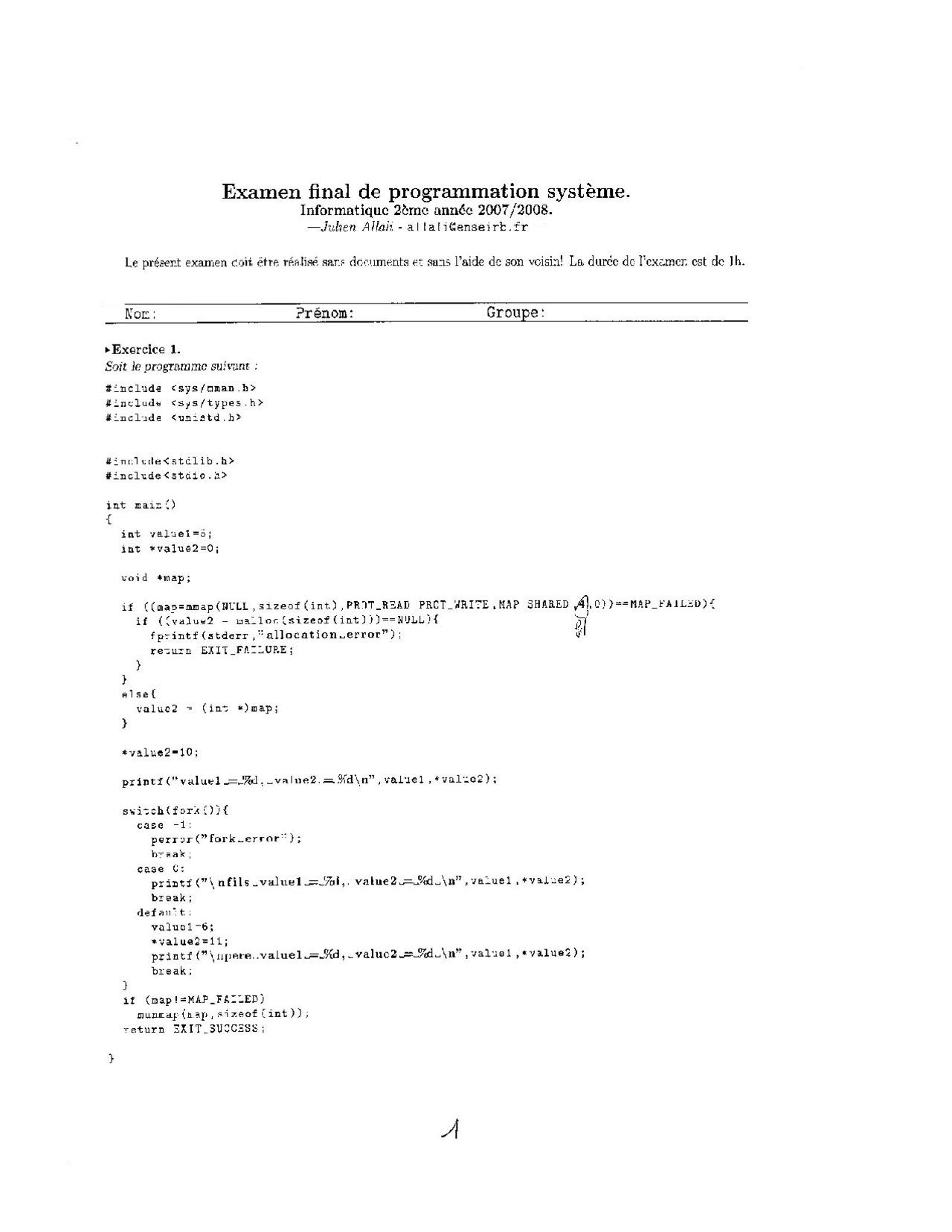 Exercices sur la programmation du système - examen | Examens Application informatique | Docsity