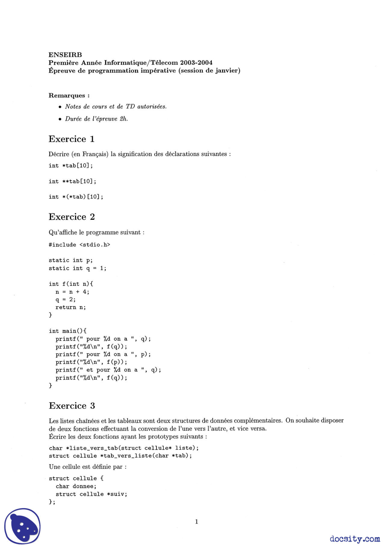 Exercices Sur Le Thème De La Programmation Impérative 1 Docsity