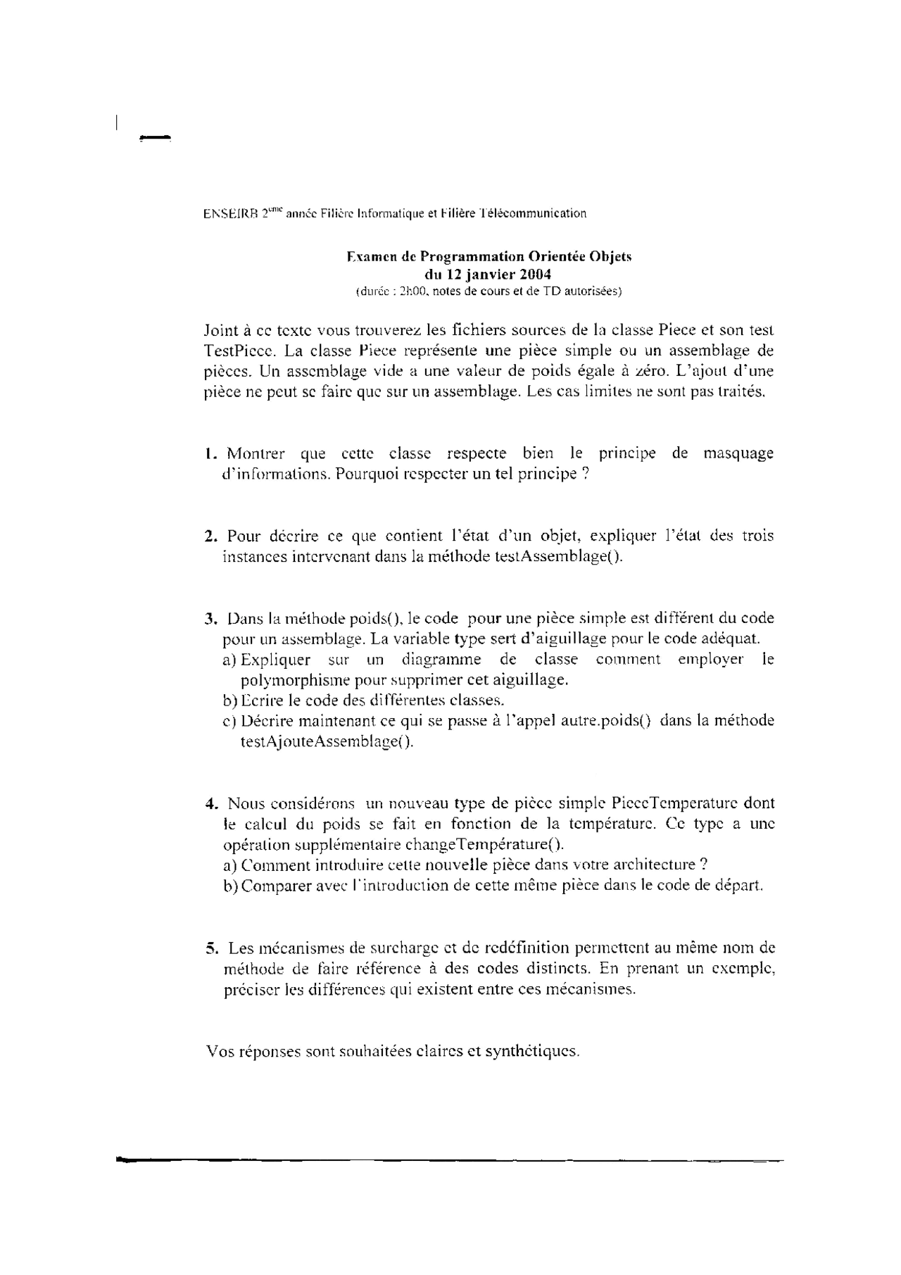 Exercices Sur La Programmation Orientée Des Objets 3 Docsity