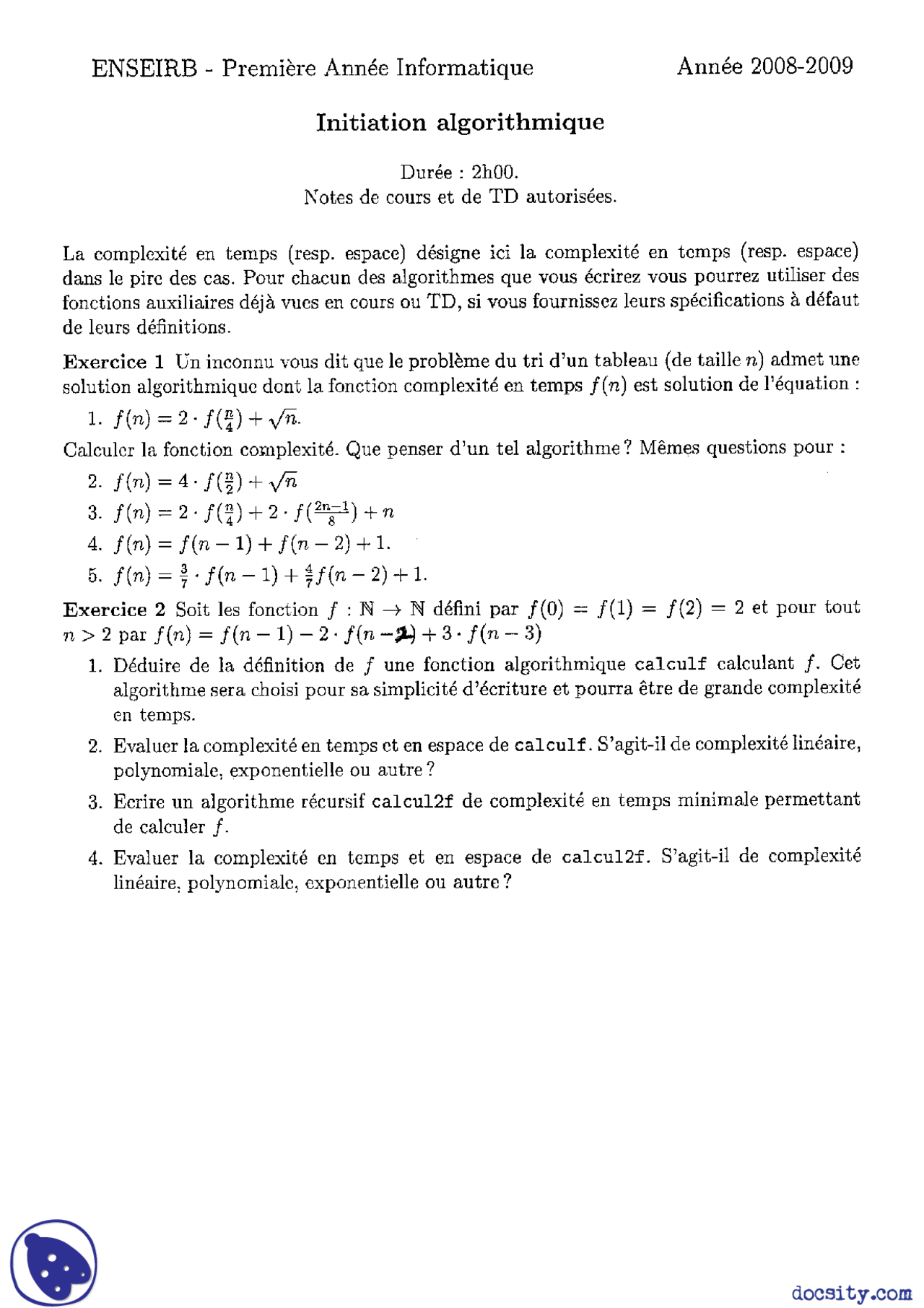 Exercices sur l'initiation algorithmique - 3 - Docsity