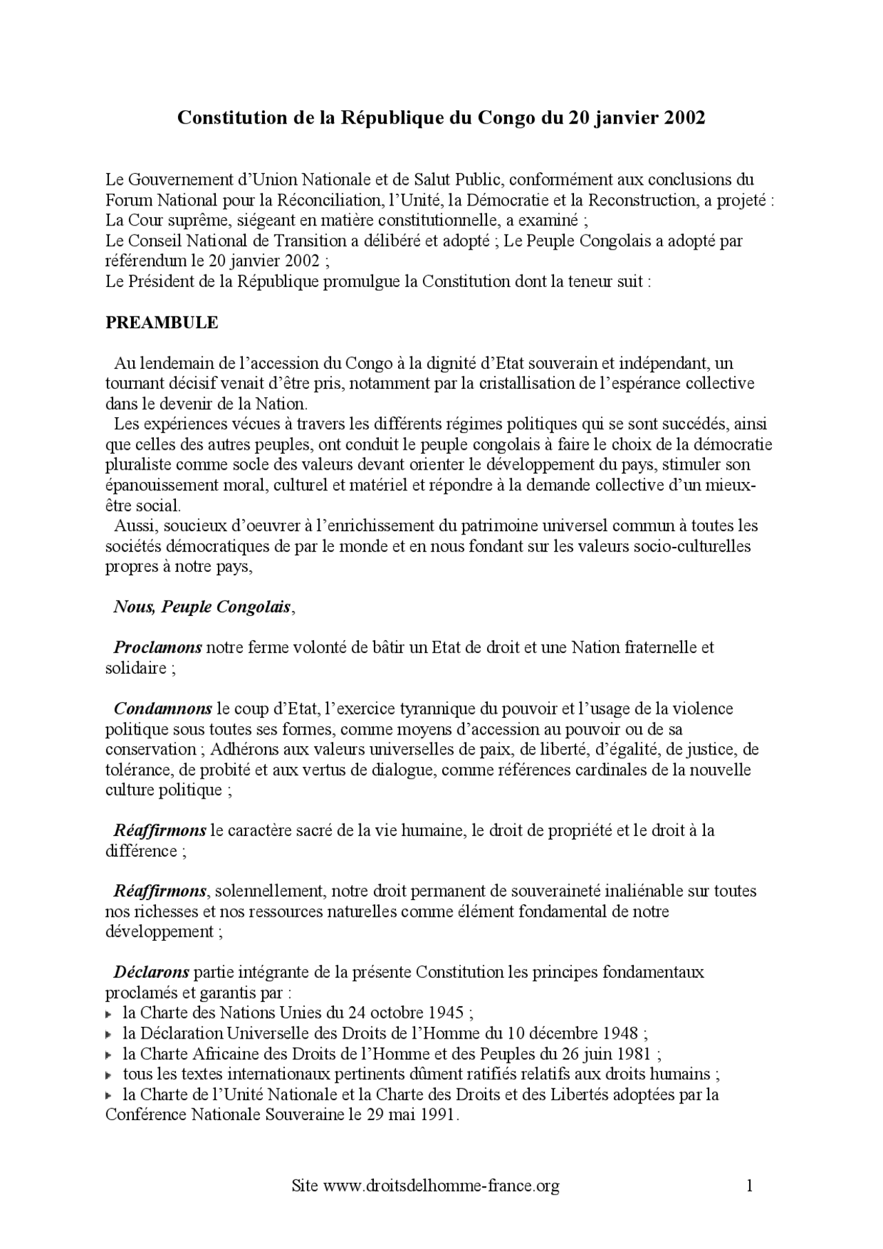 Notes sur la constitution de la République du Congo du 20 janvier 2002 ...