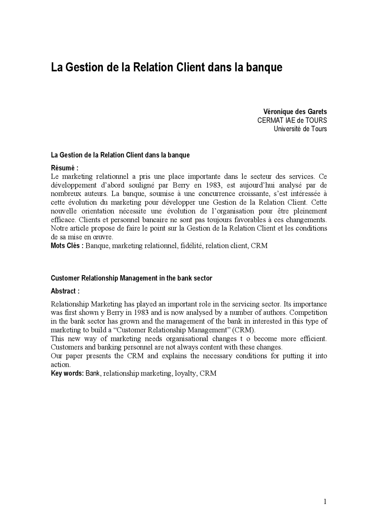 Notes sur la gestion de la relation client dans la banque - Docsity