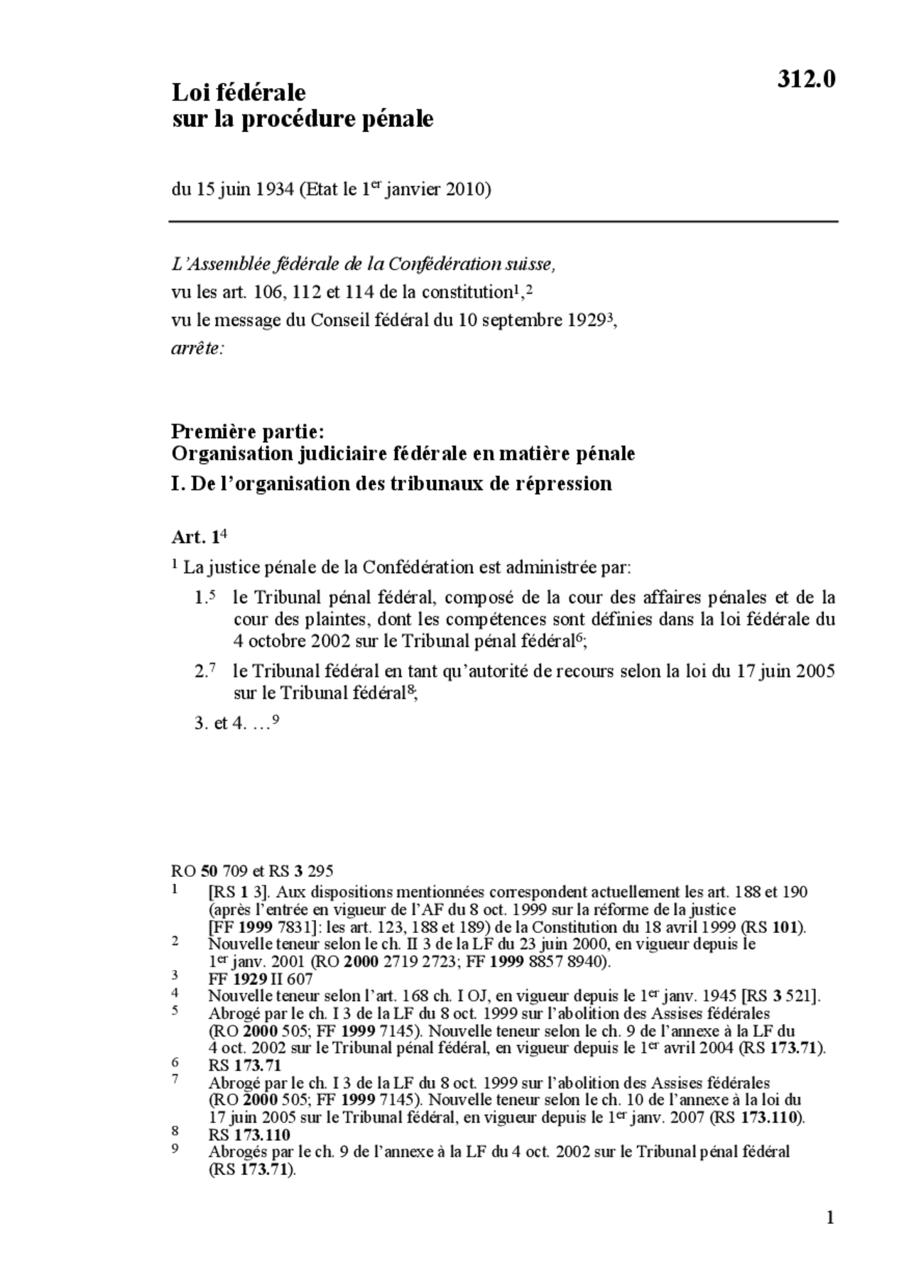 Notes Sur La Loi Fédérale Sur La Procédure Pénale 1° Partie Docsity