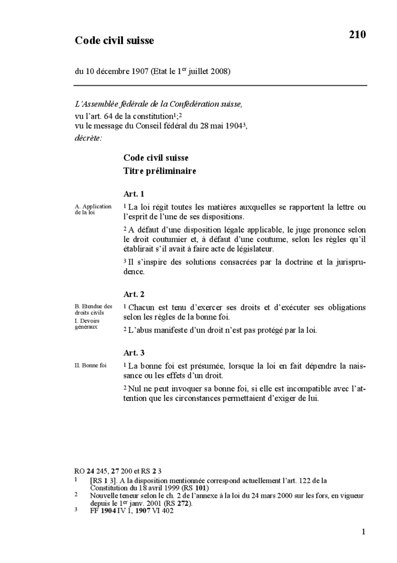 Notes Sur Les Principes Du Code Civil Suisse 1° Partie Docsity