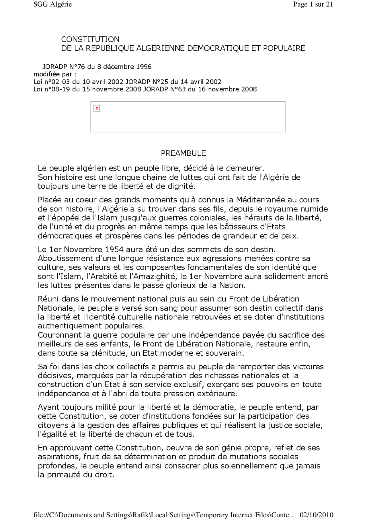 Notes sur la Constitution de la République algerienne démocratique et ...