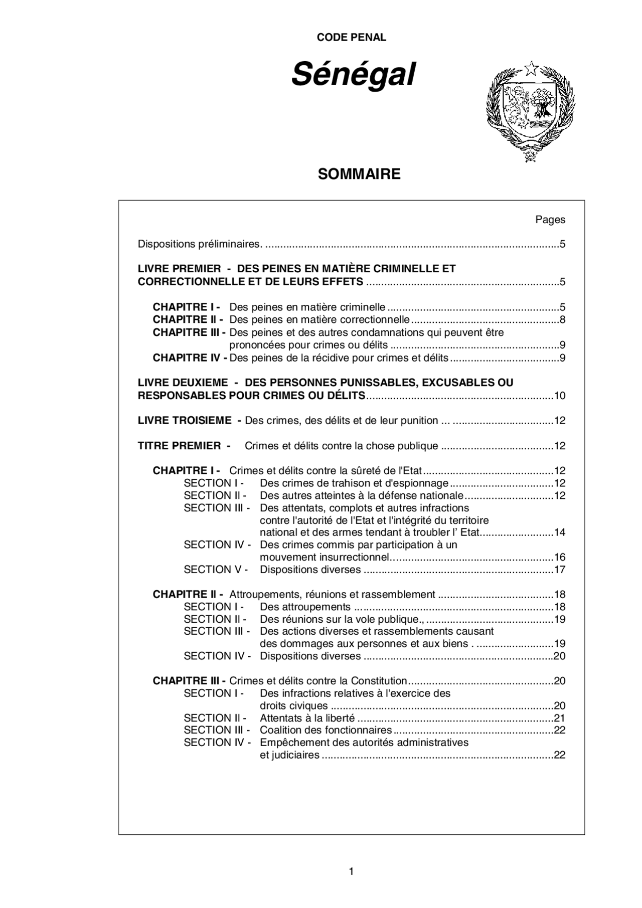 Notes sur le code pénal du Sénégal - 1° partie - Docsity