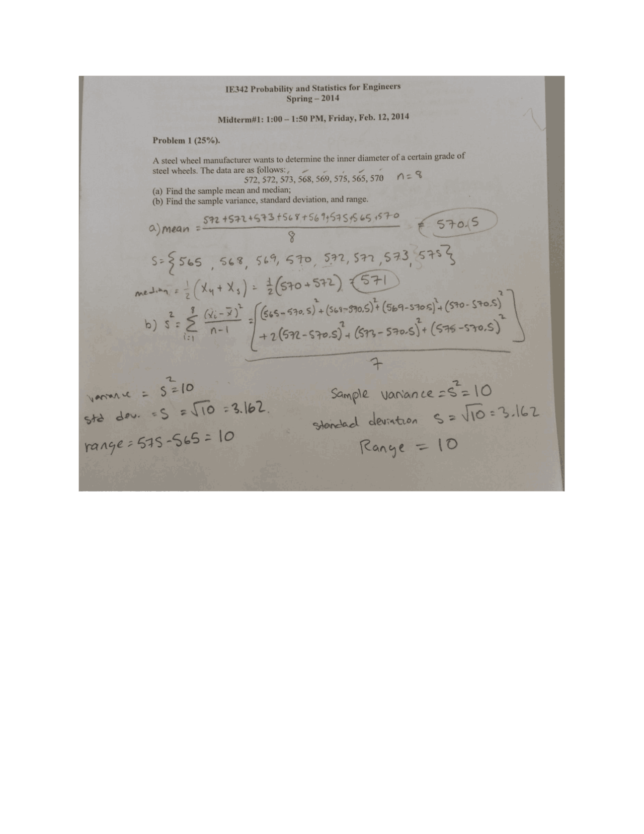 Midterm Exam 1 with Solution - Probability and Statistics for Engineers | IE 342 | Exams ...