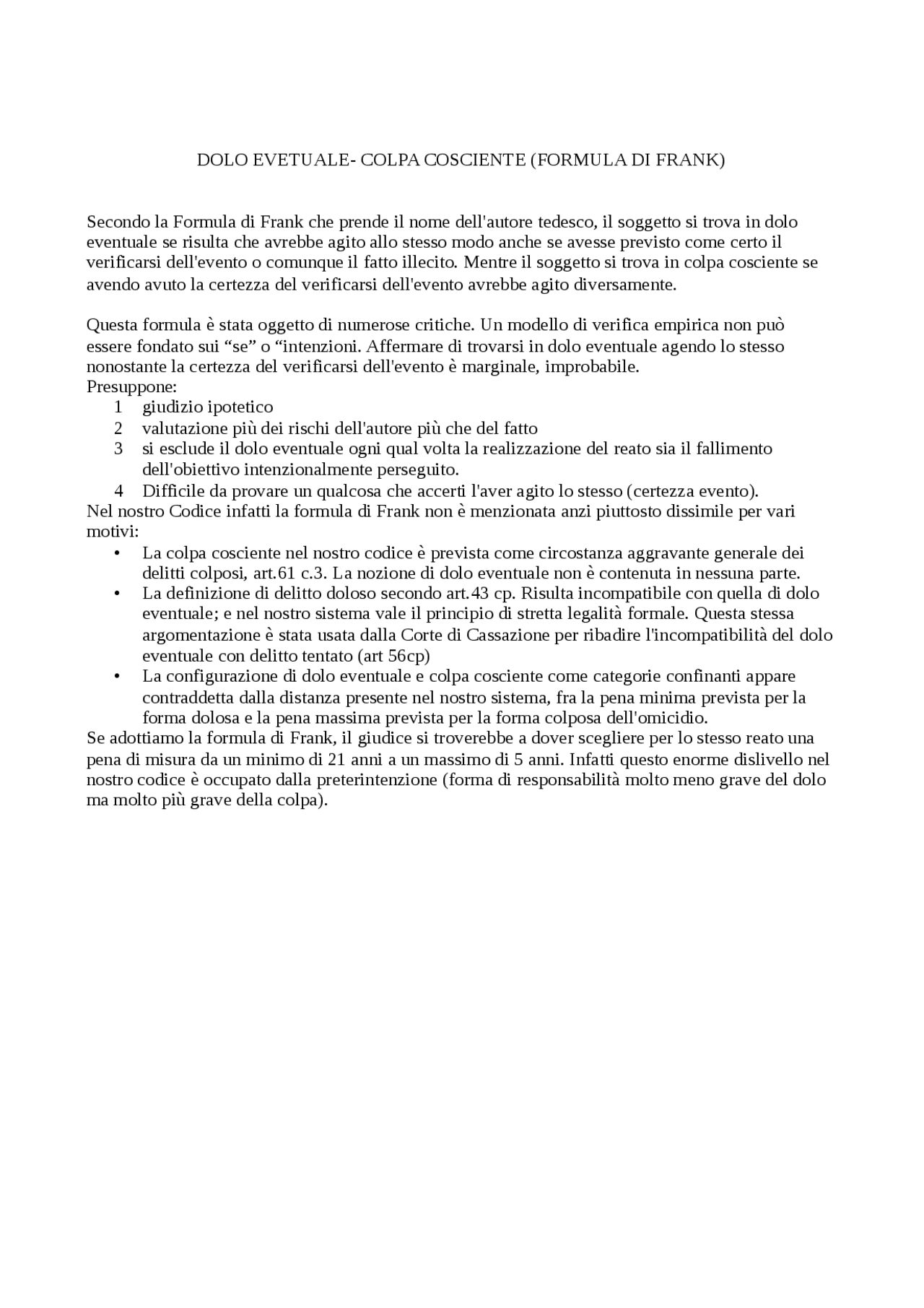 Dolo eventuale- colpa cosciente (Formula di Frank) | Appunti di Diritto ...