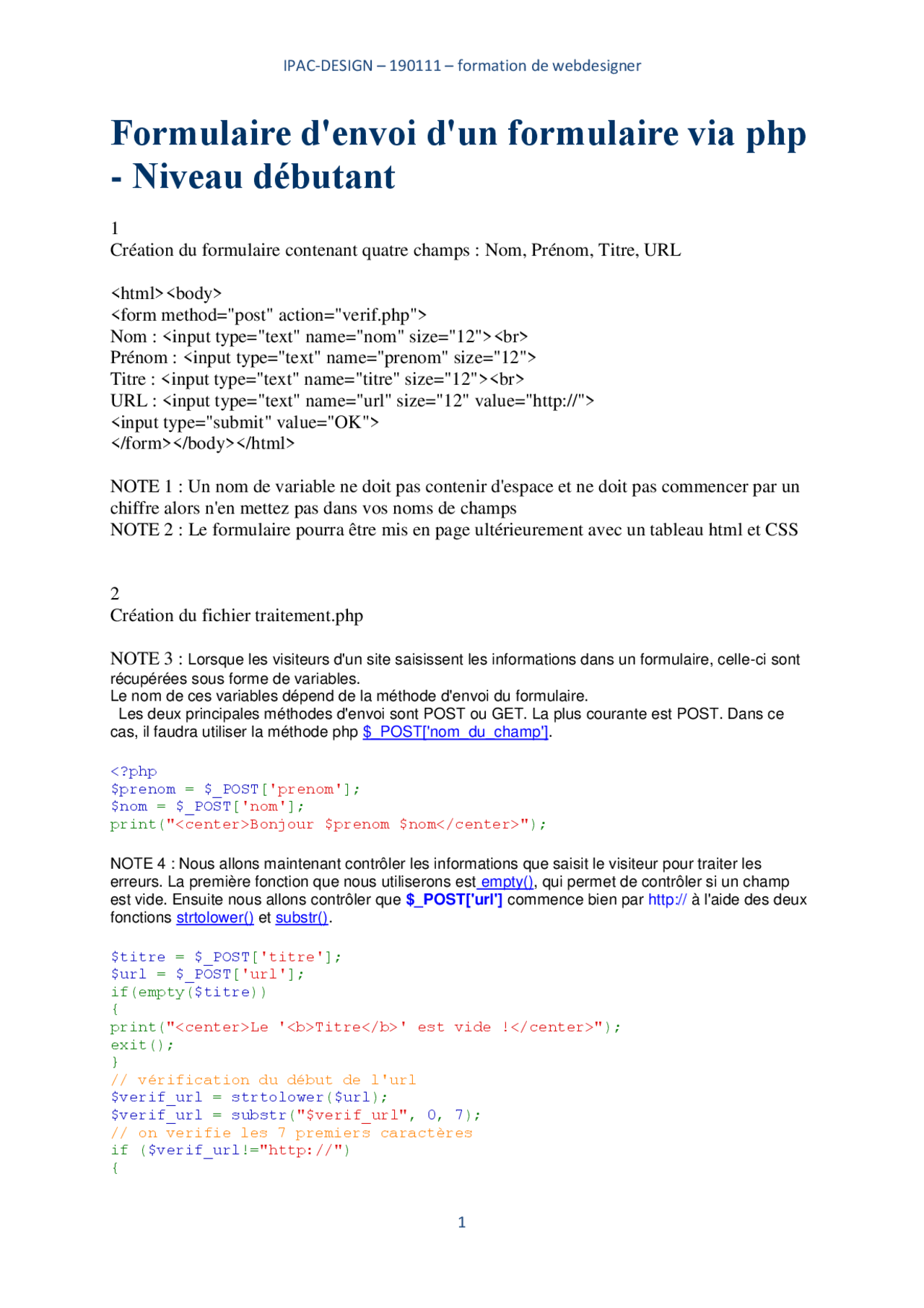 Notes sur le formulaire d'envoi d'un formulaire via php - Docsity
