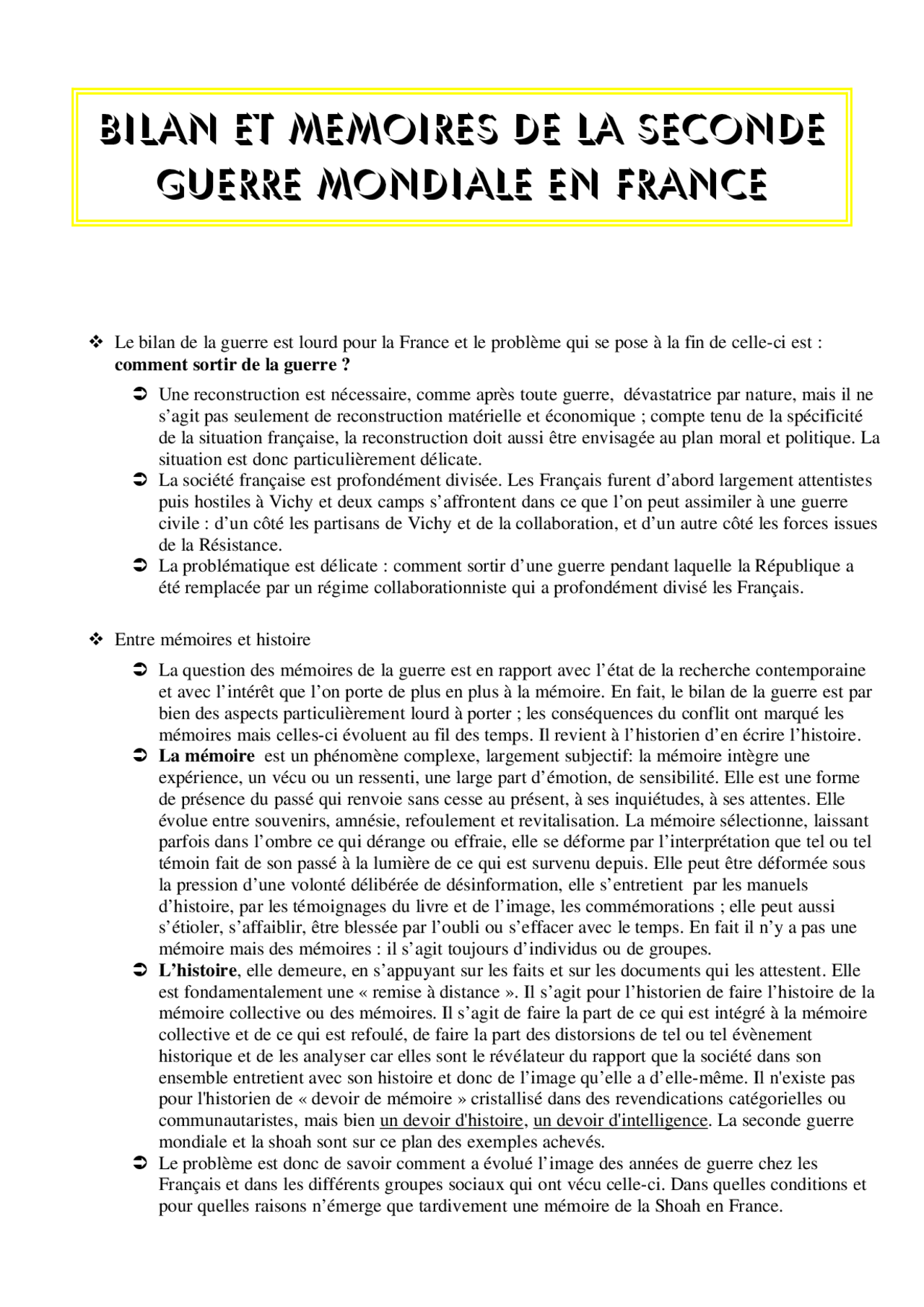 Notes sur le bilan et memoires de la seconde guerre mondiale en France ...