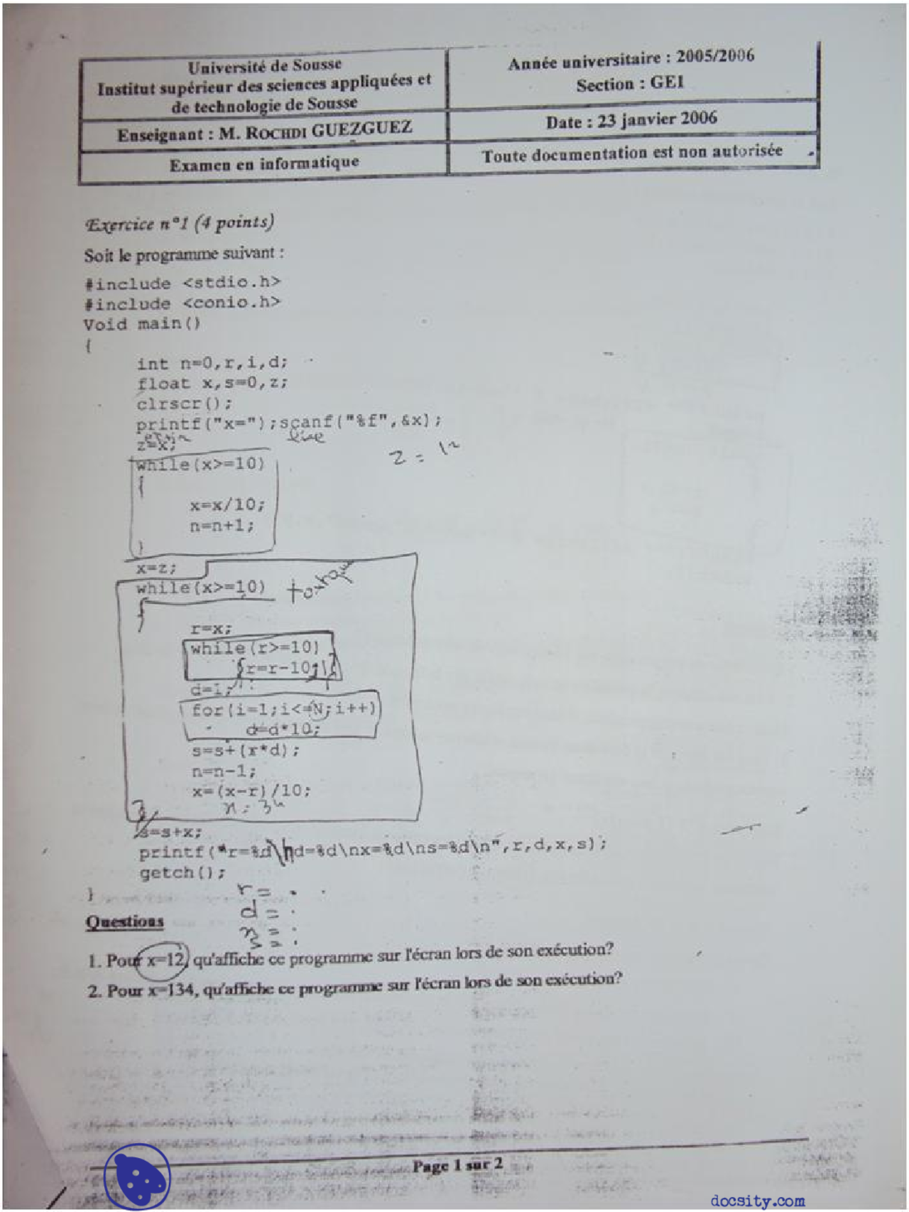 Epreuve d'informatique - examen - Docsity