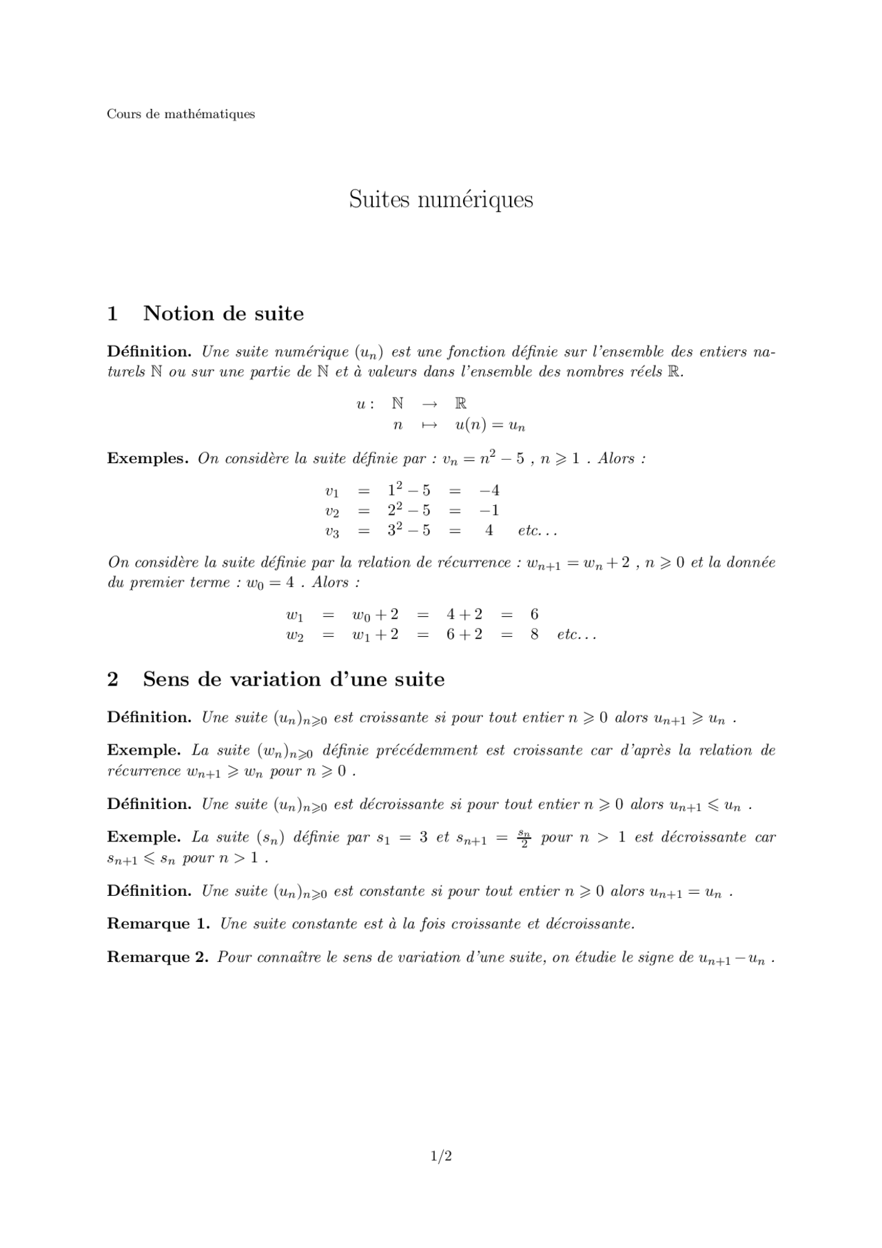 Notes sur les suites numériques - Docsity