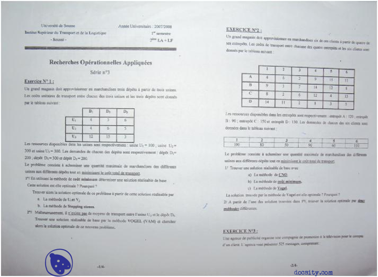 Exercices Sur La Recherche Opérationnelle Appliquée Docsity