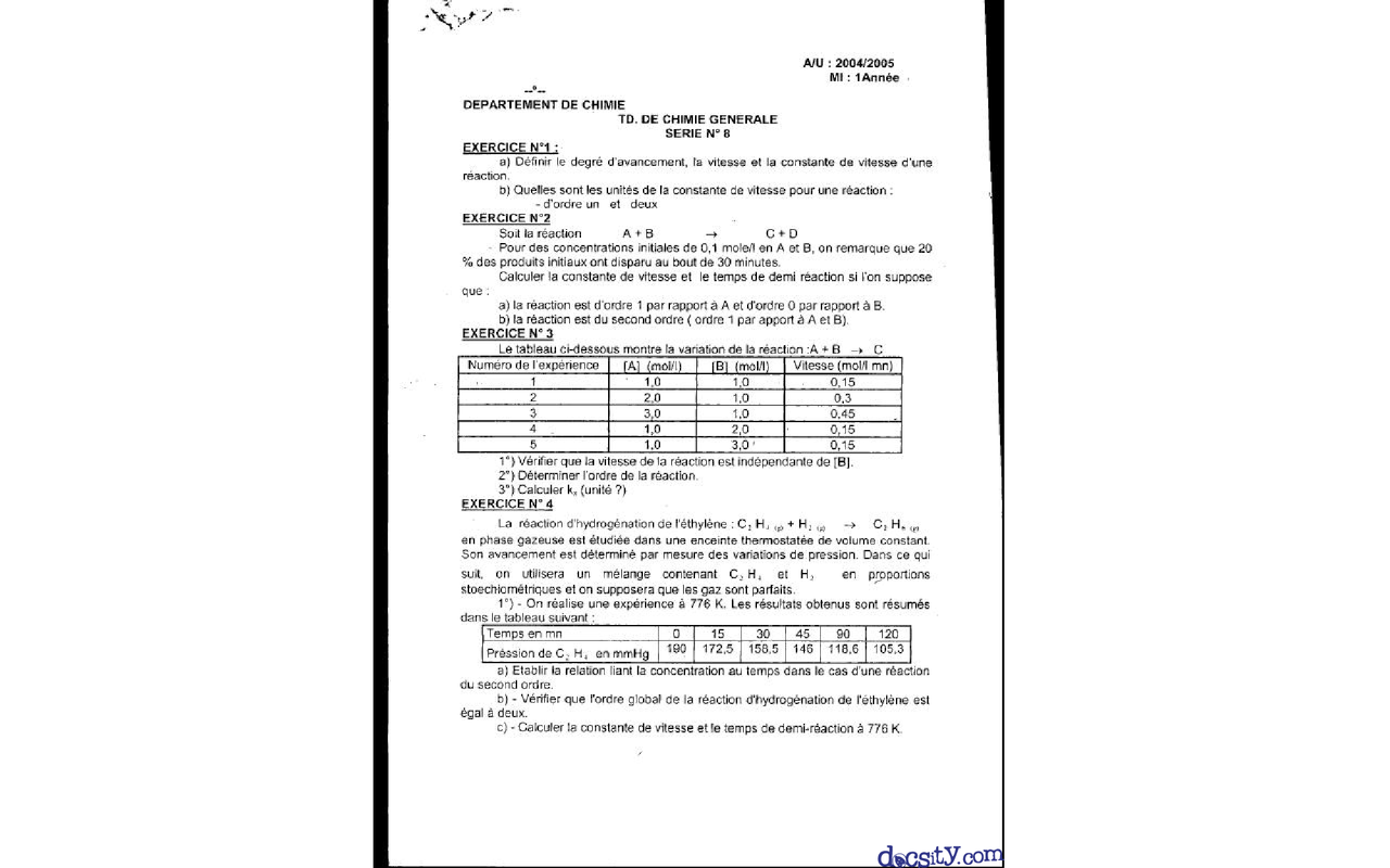 Exercices De Chimie Générale Docsity
