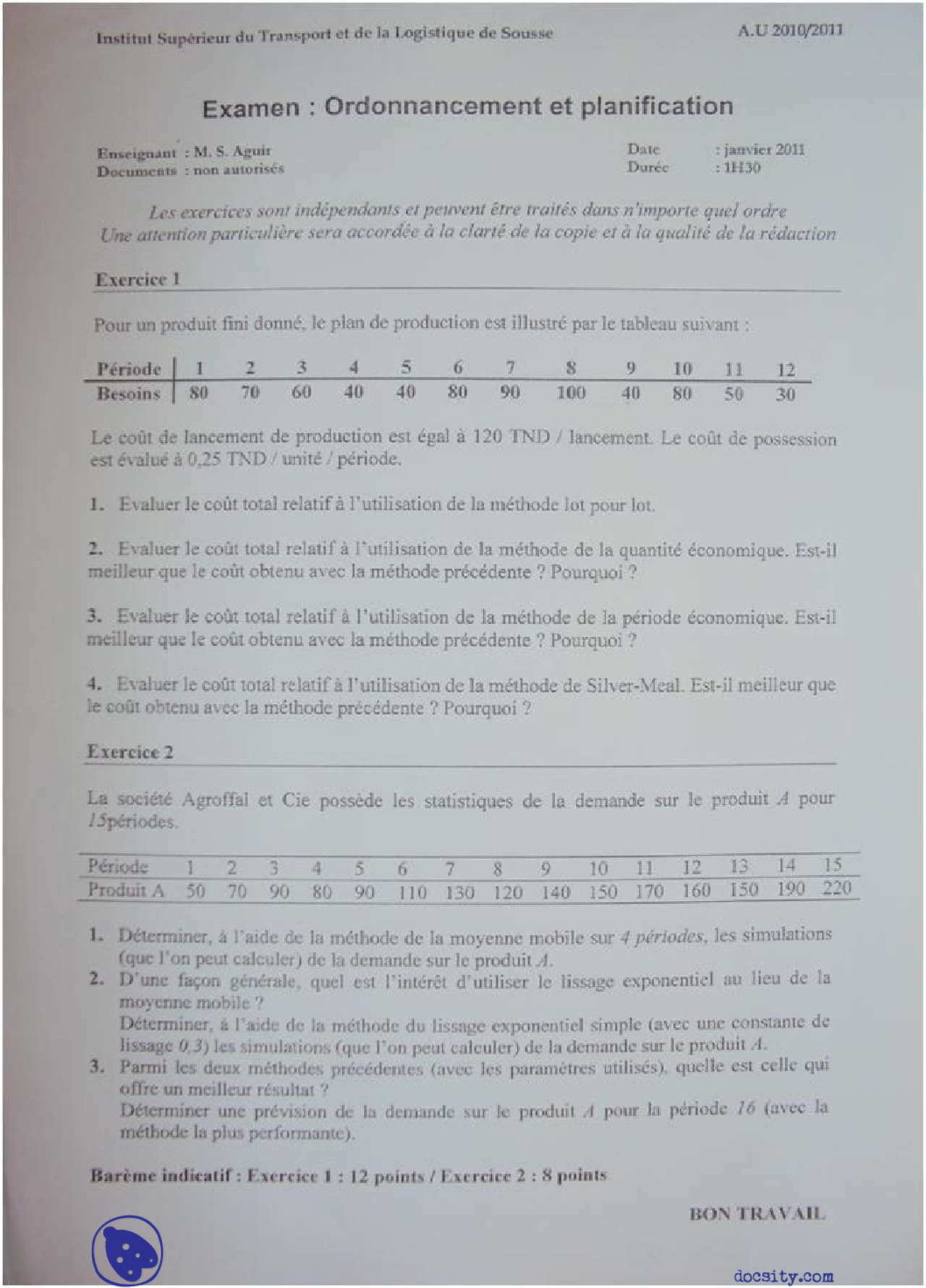 Exercices le transport et la logistique de Sousse 6 - Docsity