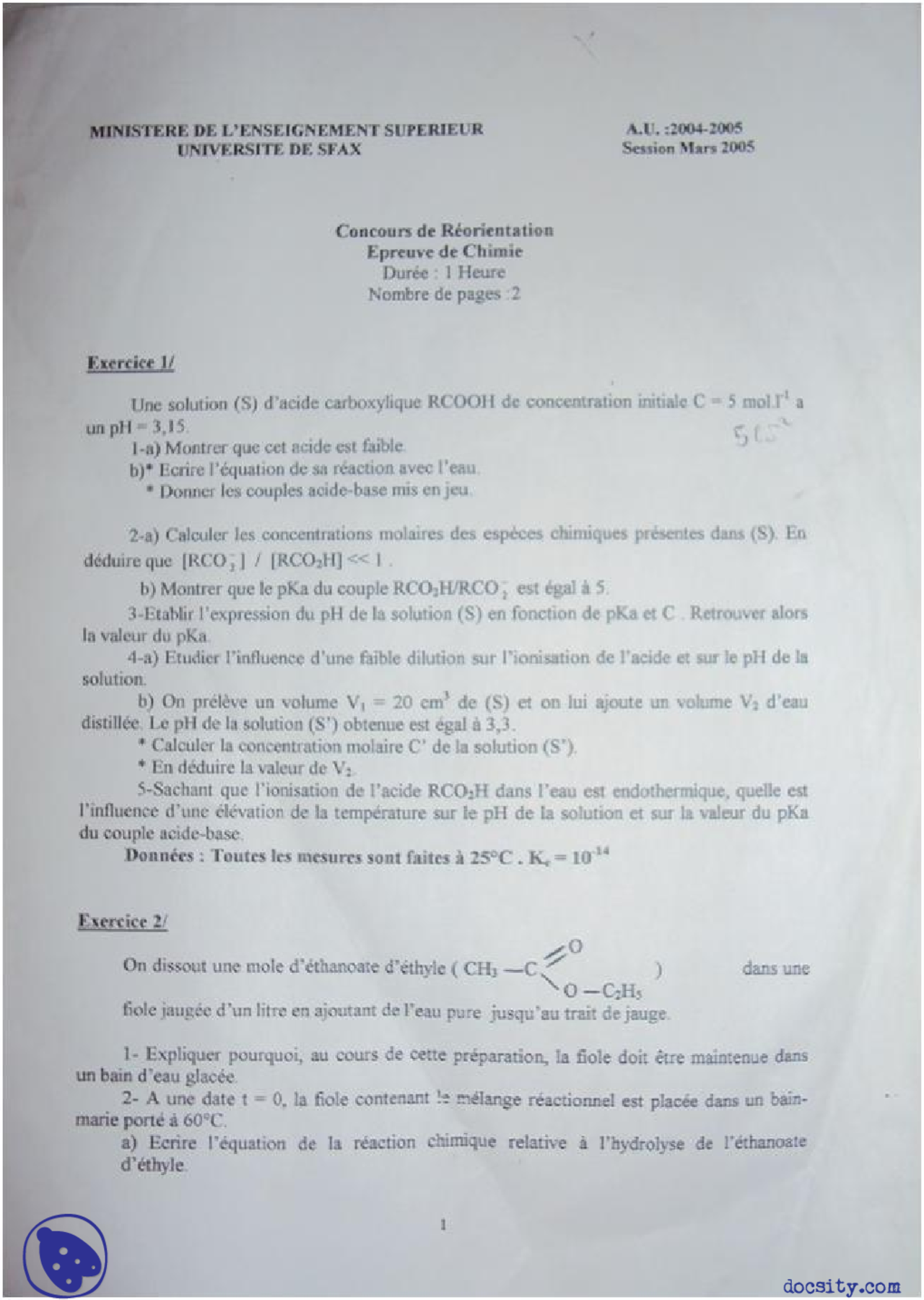 Exercices Sur Le Thème De La Chimie Examen Docsity