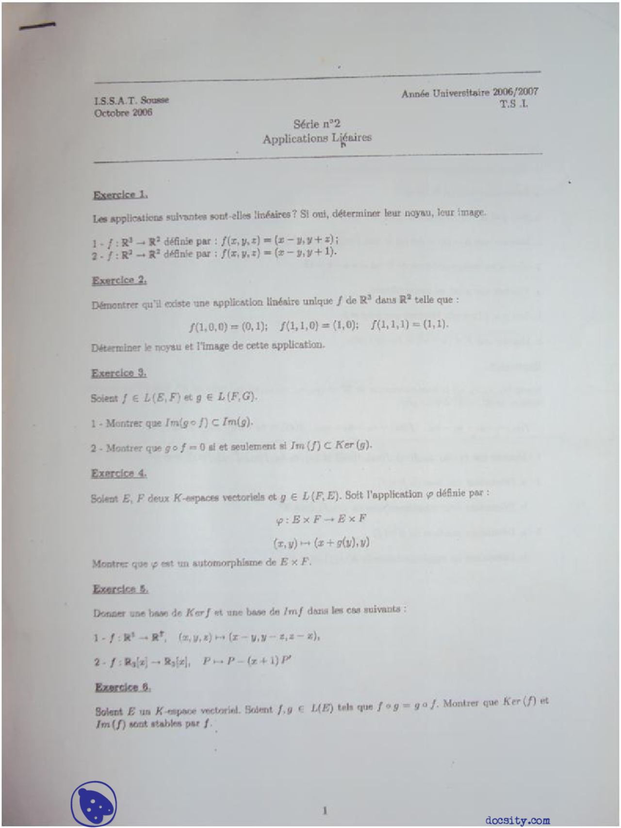 Exercices Des Applications Linéaires Exercices Mathématiques Docsity