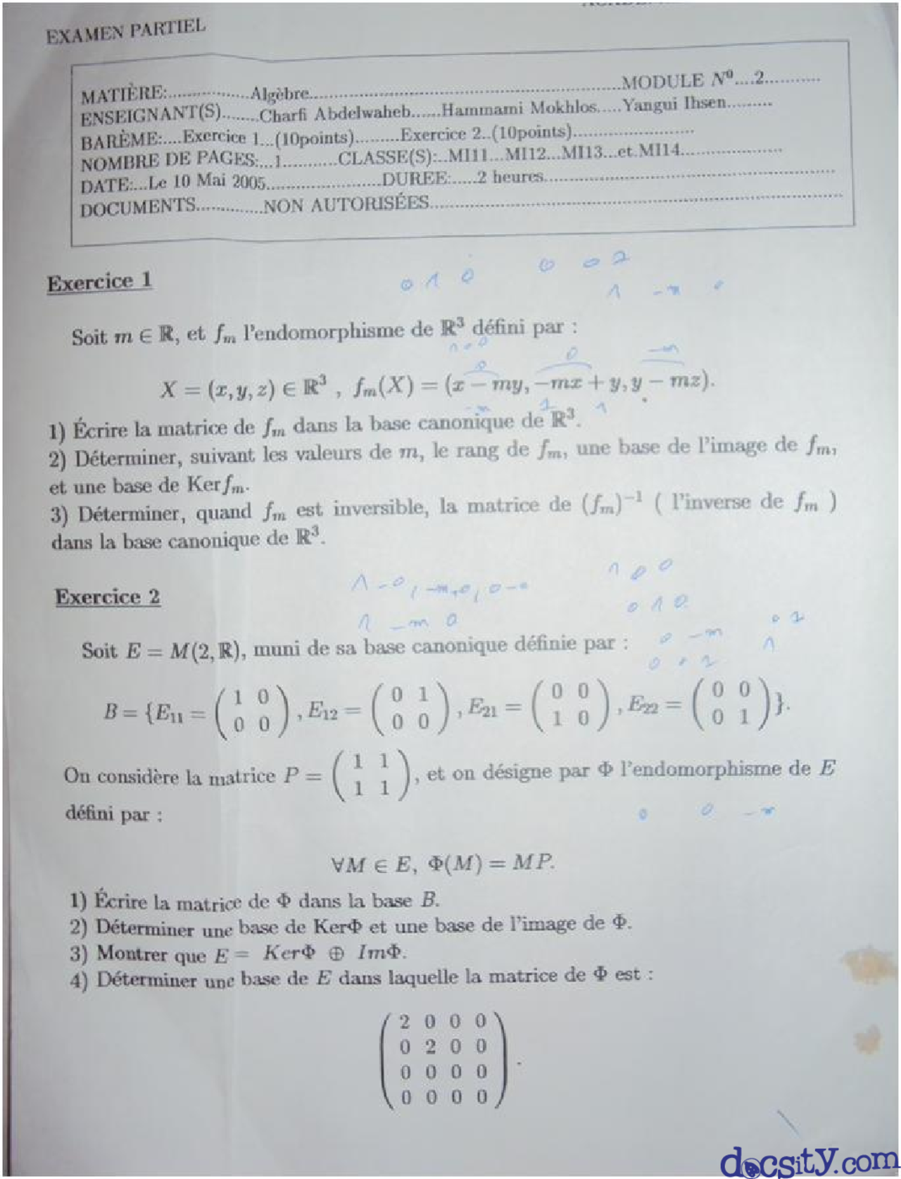 Exercices sur l'algèbre | Exercices Méthodes Mathématiques | Docsity