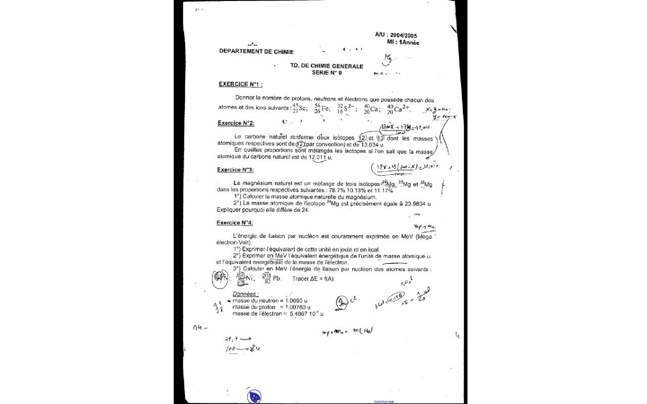 Exercices Sur La Chimie Générale Docsity