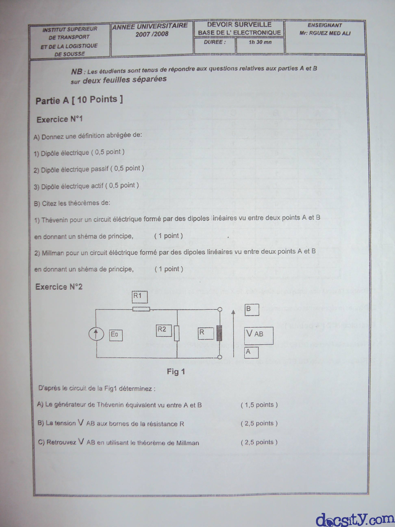 Exercices sur les bases de l'électronique - Docsity