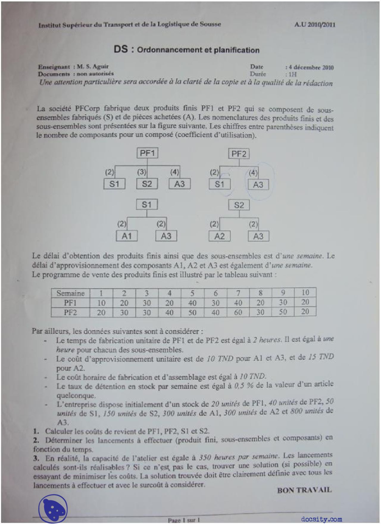 Exercices sur le transport et la logistique de Sousse 4 - Docsity