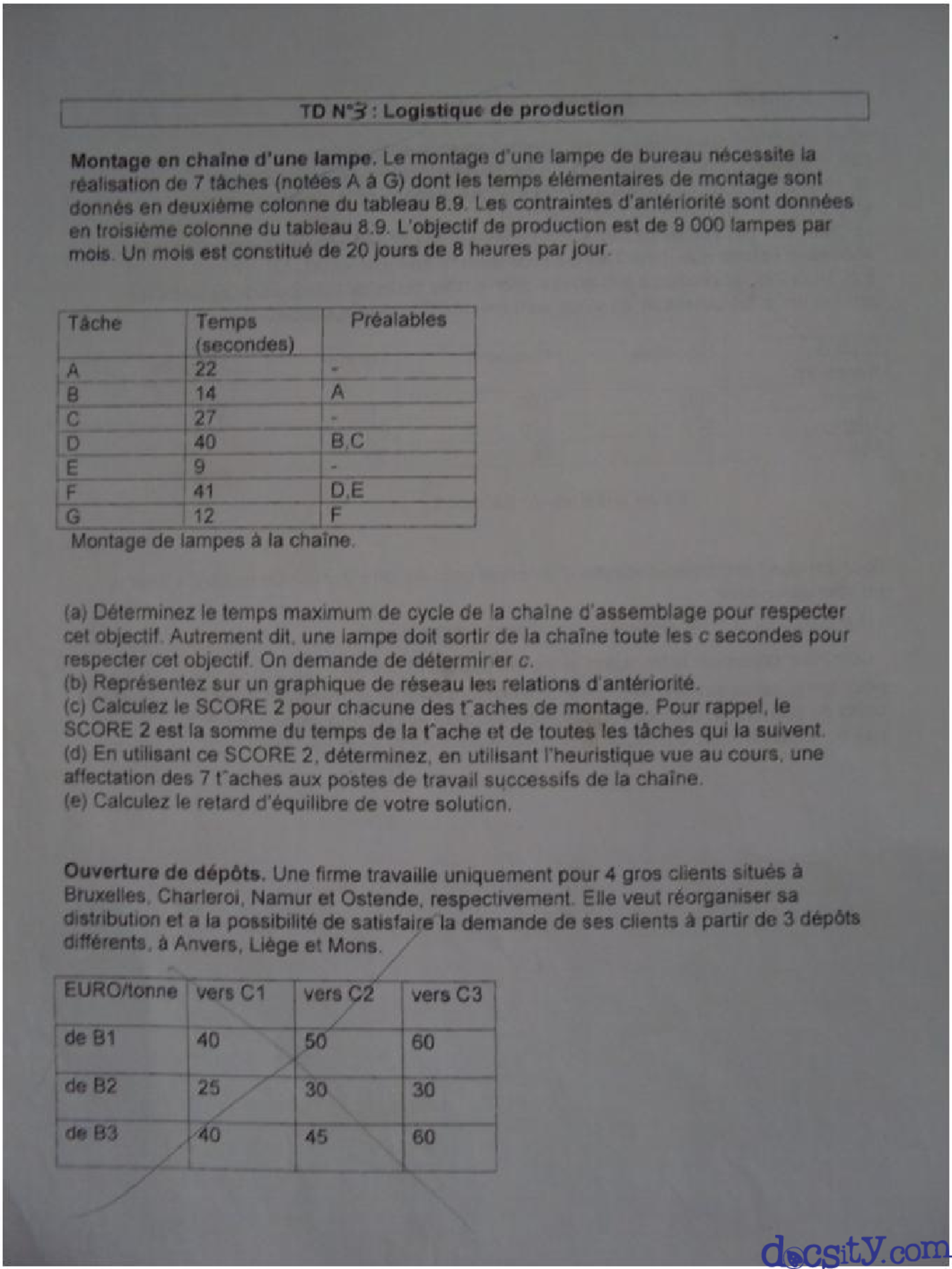 Exercices sur la logistique de production - Docsity