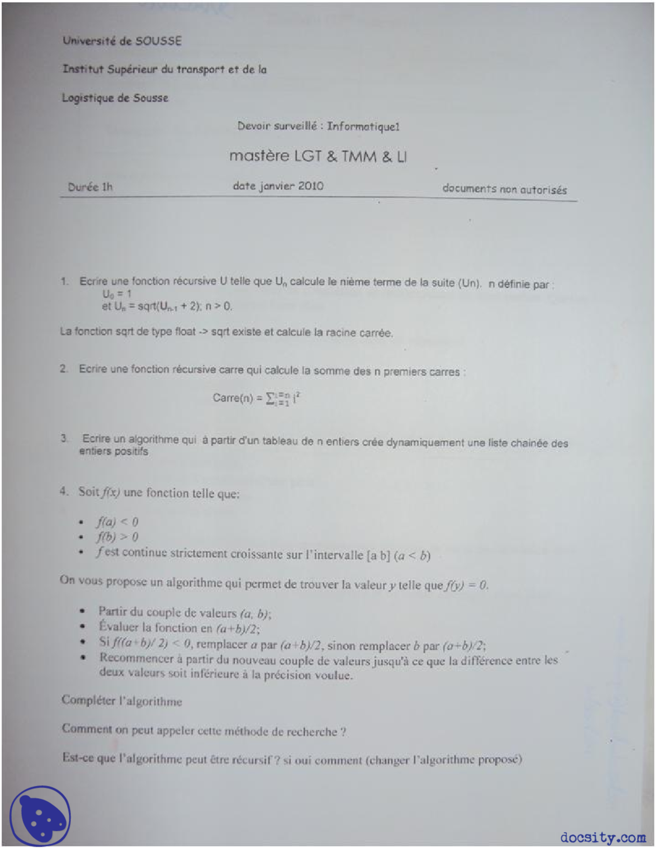 Exercices d'informatique - Docsity