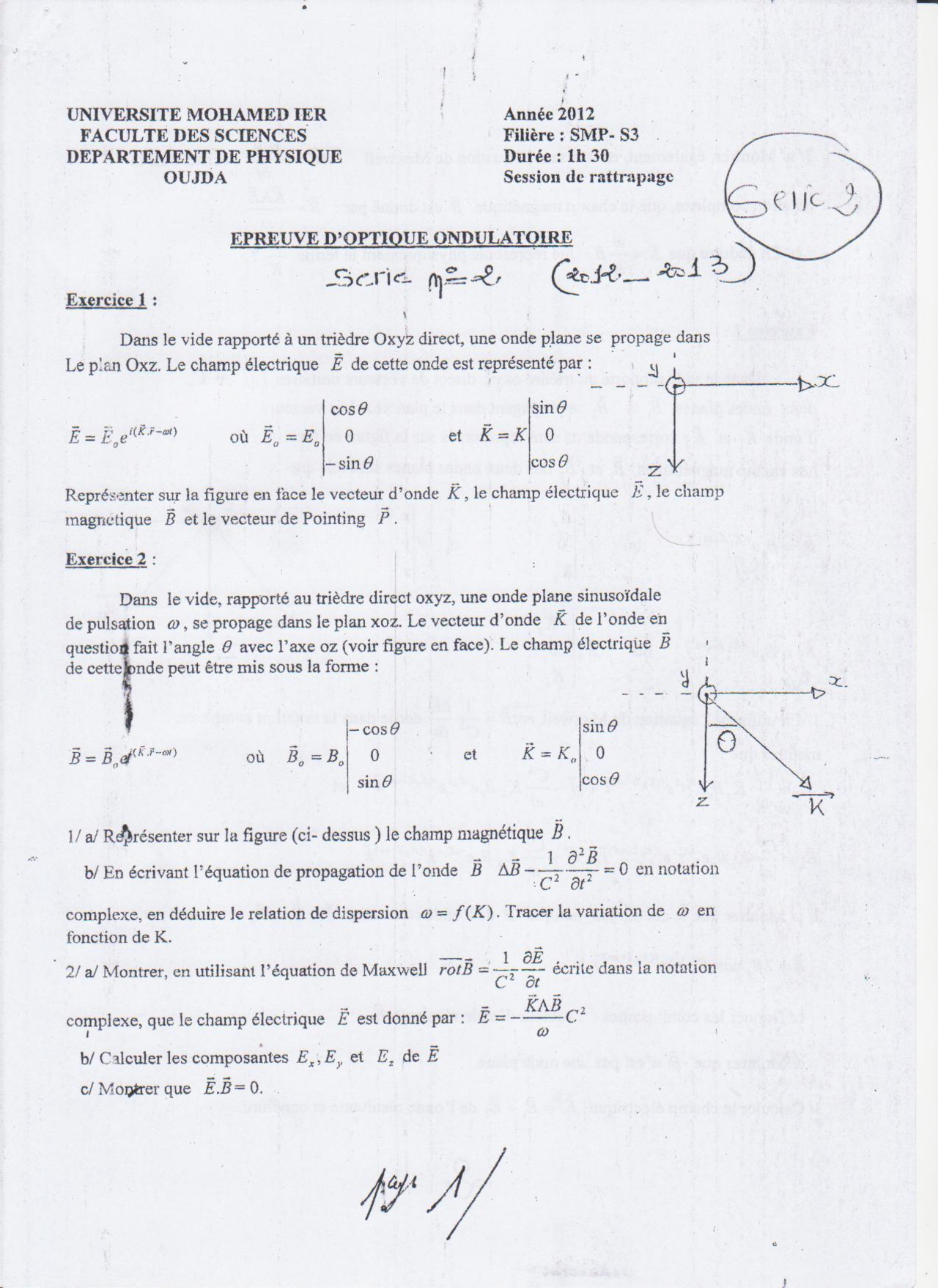 Notes sur le thème de l'optique ondulatoire - Docsity
