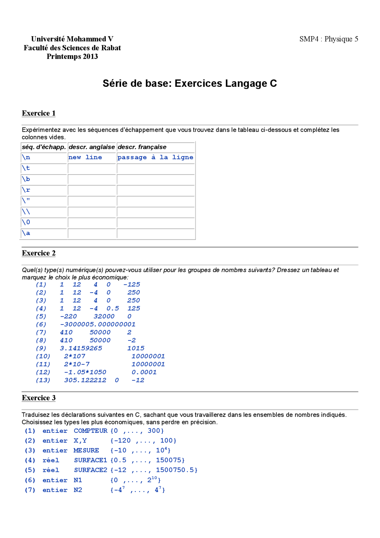 Notes Sur La Série De Base Exercices Langage C Docsity