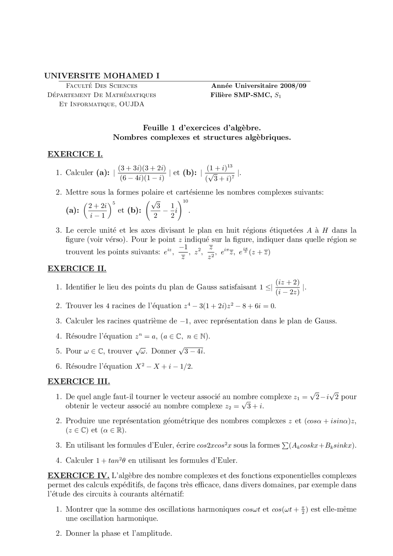 Notes Sur Les Nombres Complexes Et Structures Algébriques Docsity