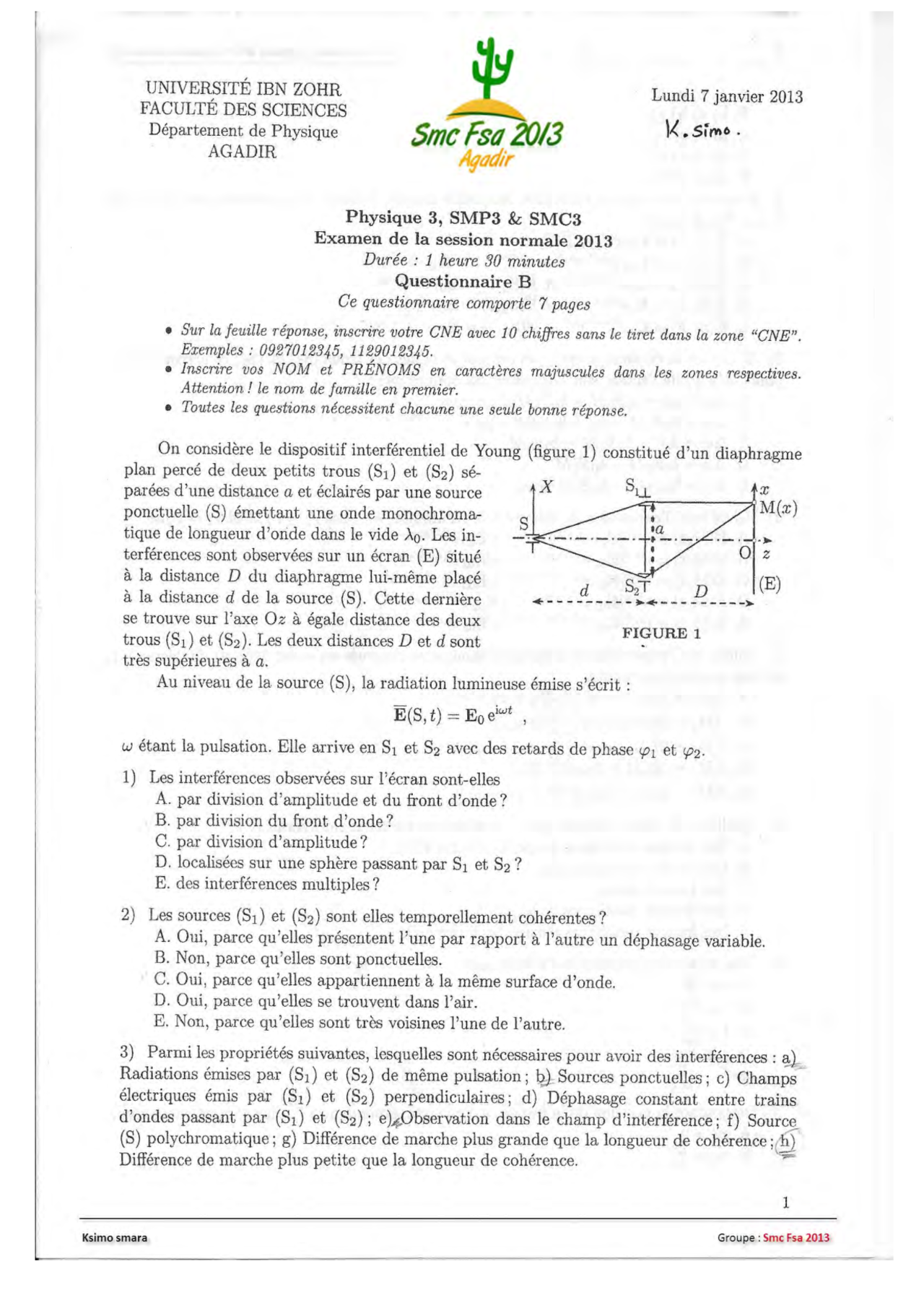 Notes sur l'optique ondulatoire - examen | Examens Chimie Physique ...