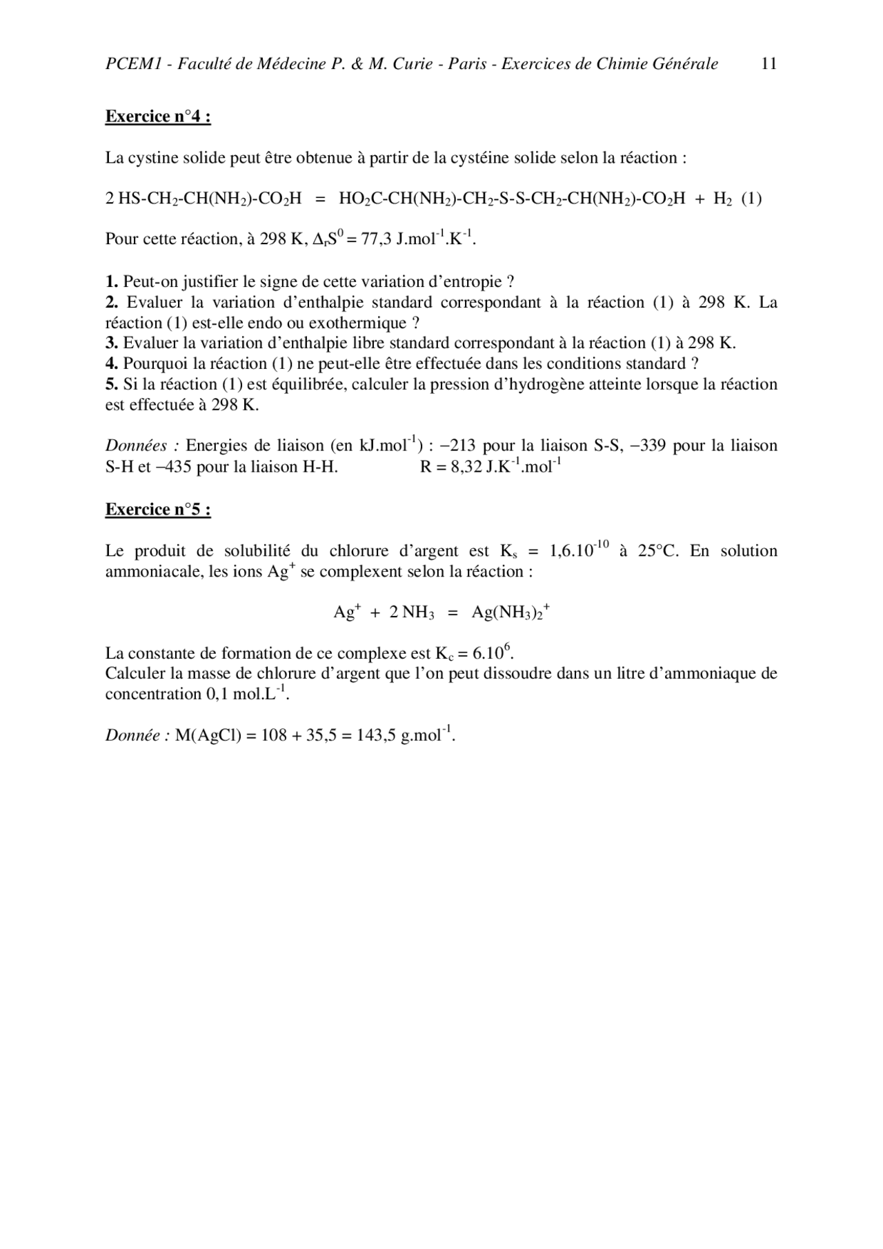 Notes De Chimie Générale Exercices 2° Partie Docsity