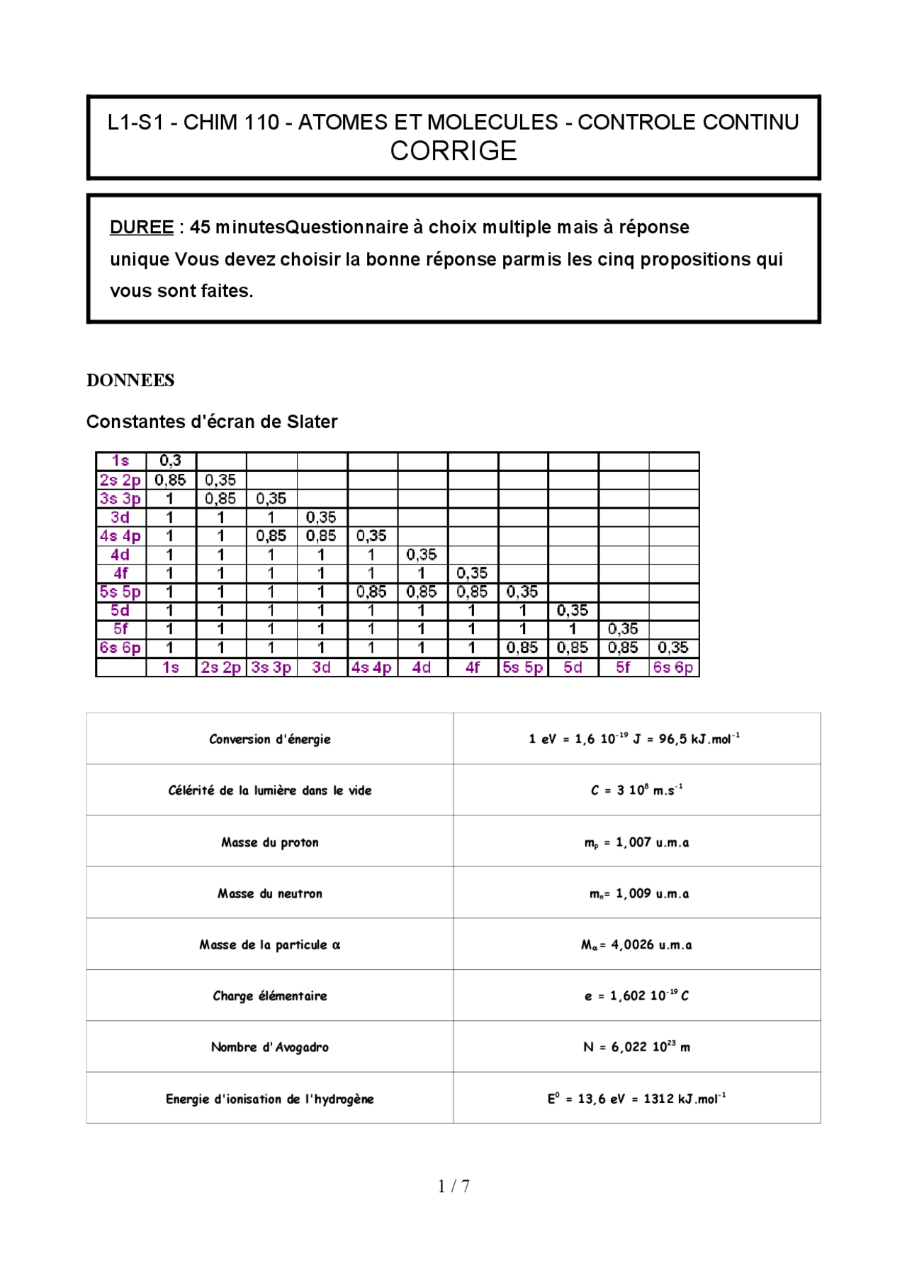 Notes Sur Les Atomes Et Les Molécules Correction Docsity