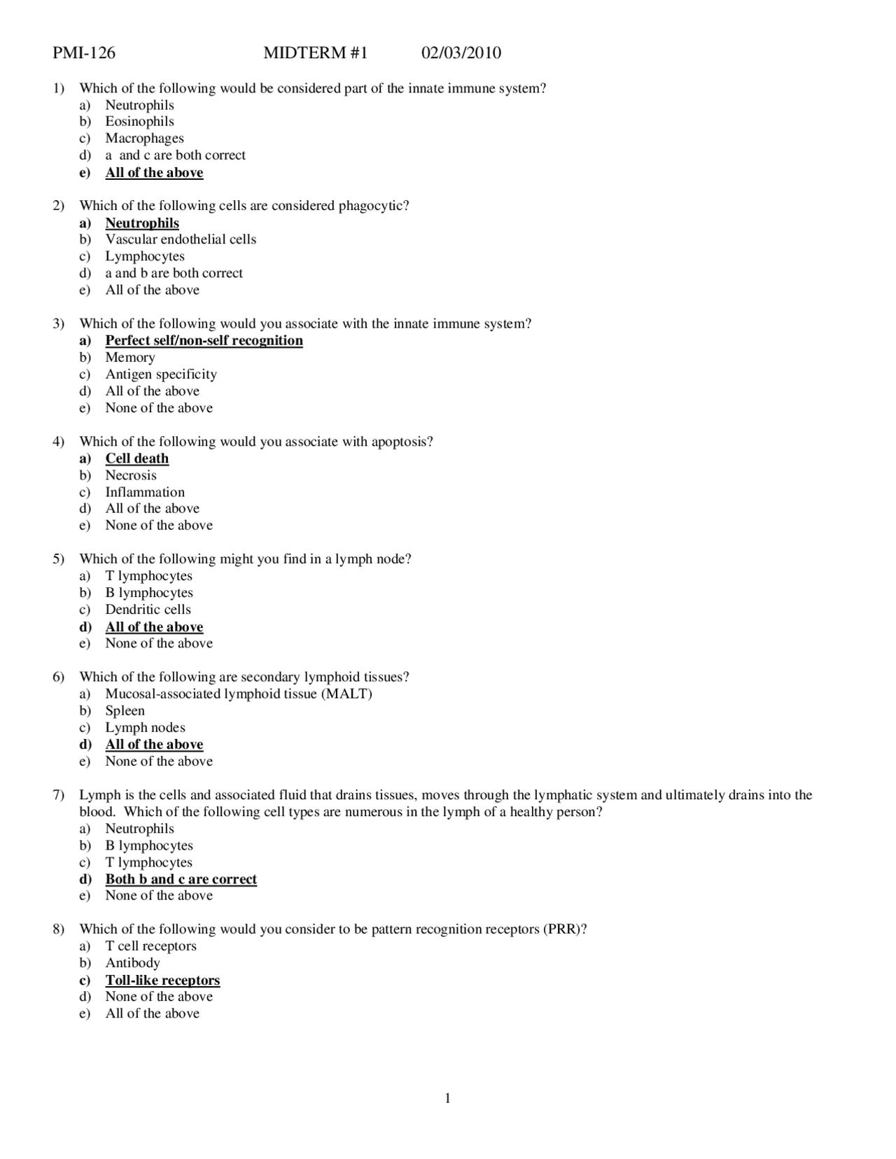 Fundamentals Immunology Midterm Exam 1 With Answers Pmi 126 Docsity