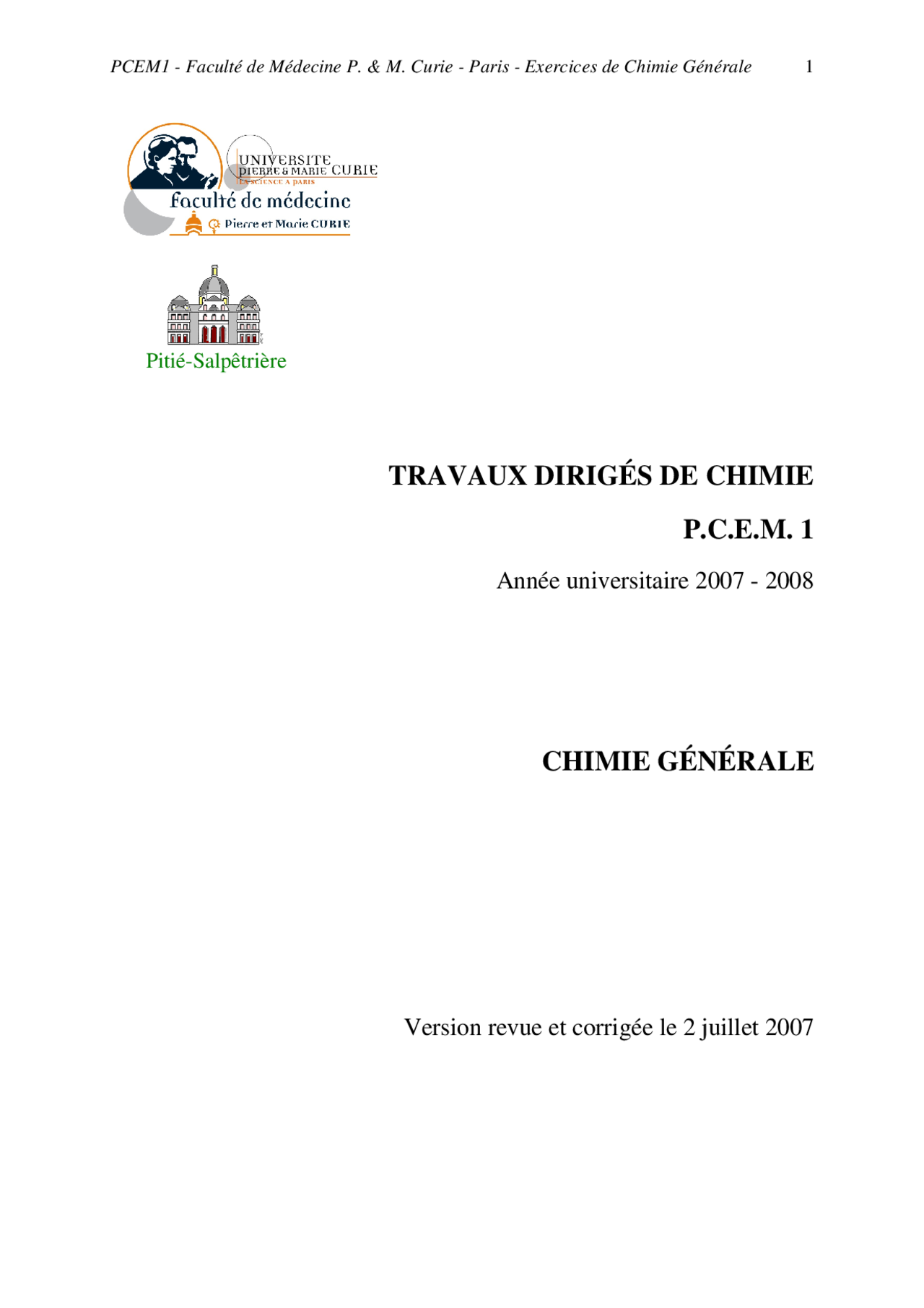 Notes De Chimie Générale Exercices 1° Partie Notes Chimie Docsity